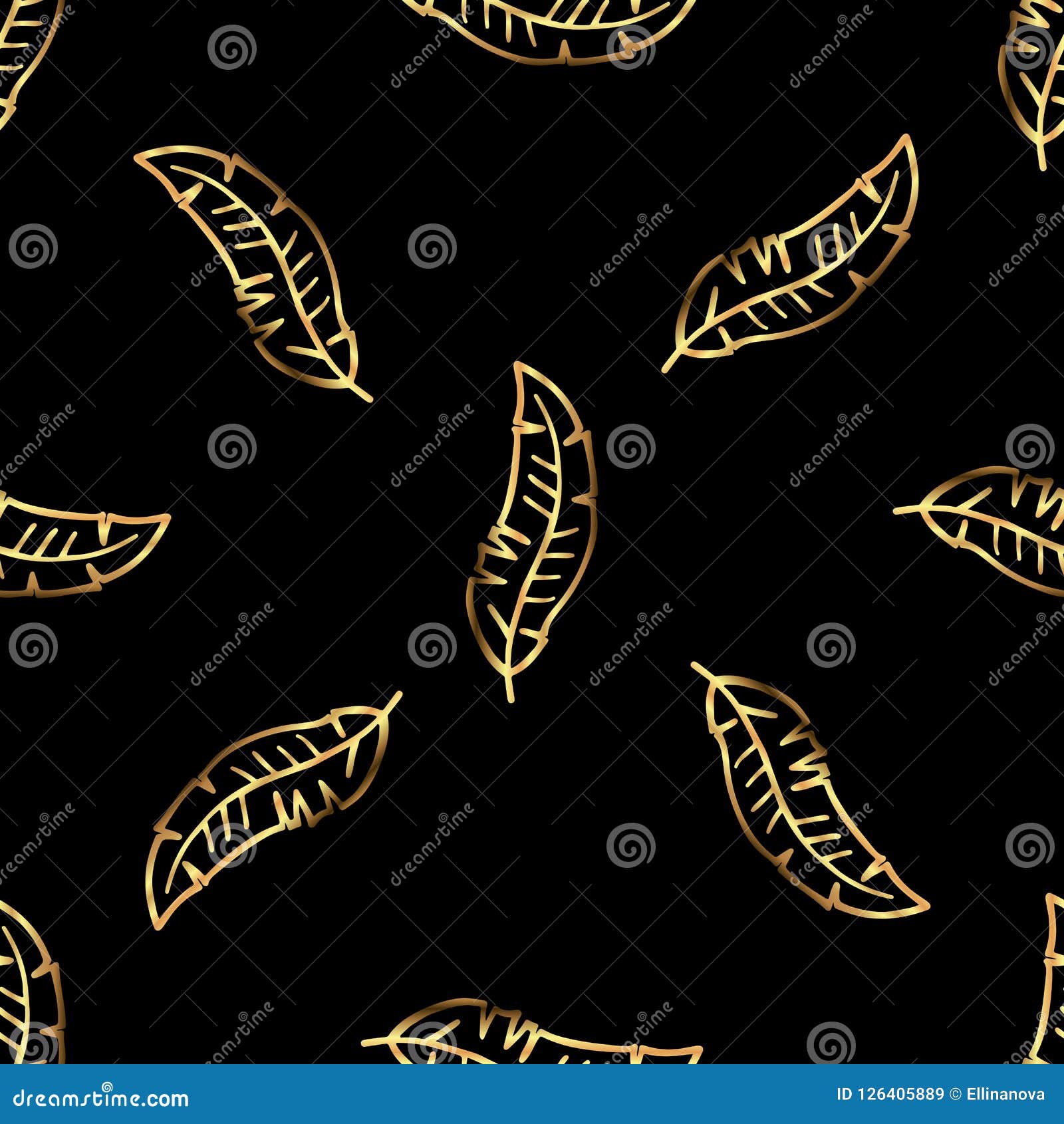 Gold Feather Seamless Pattern on Black Background Stock Vector ...