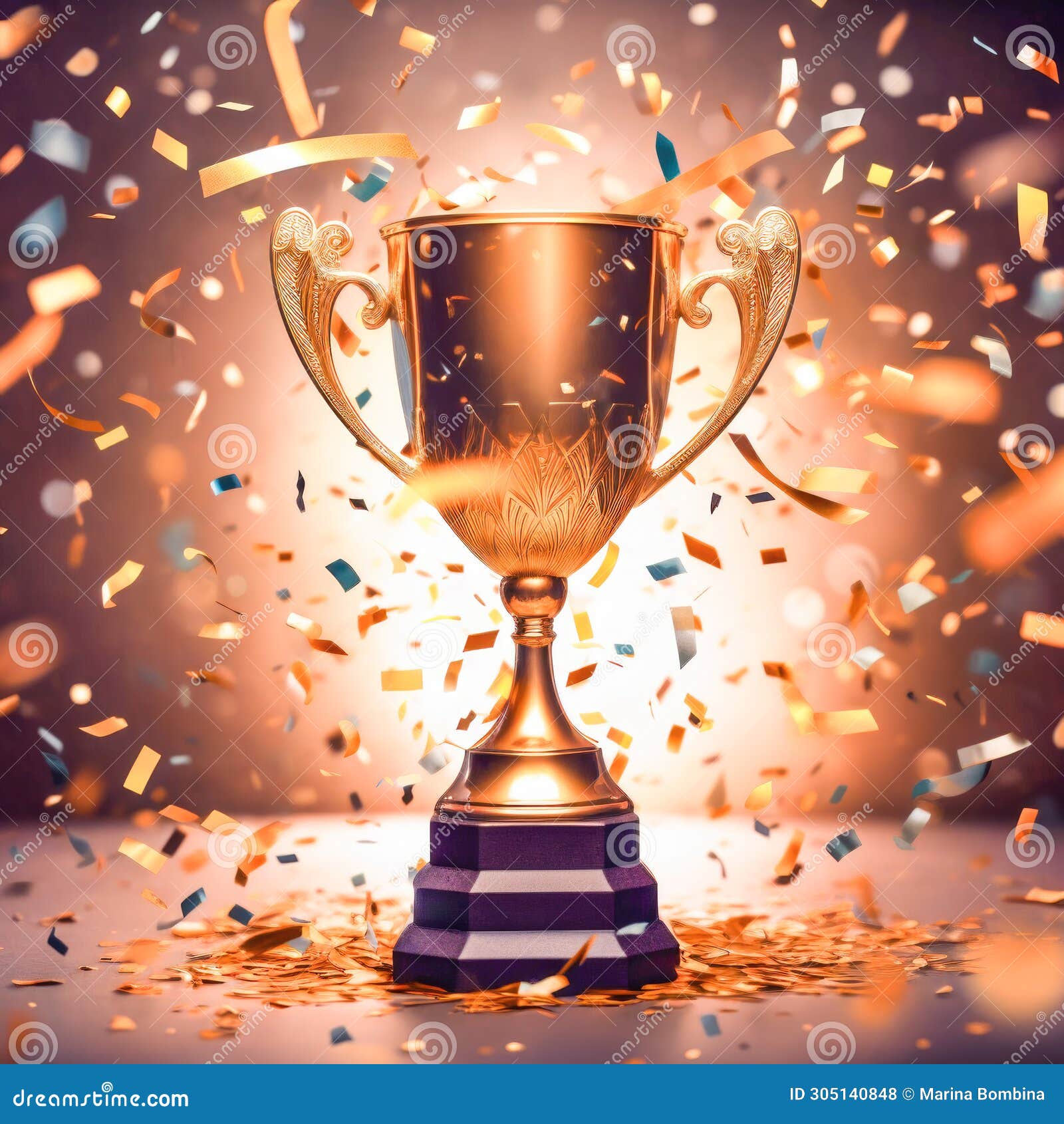 Gold First Place Winners Trophy with Falling Confetti and Streamers ...