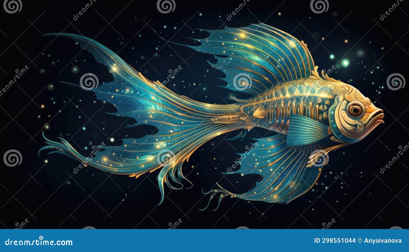 A Gold Fish with a Blue Tail and a Black Background, Celestial Fantasy ...