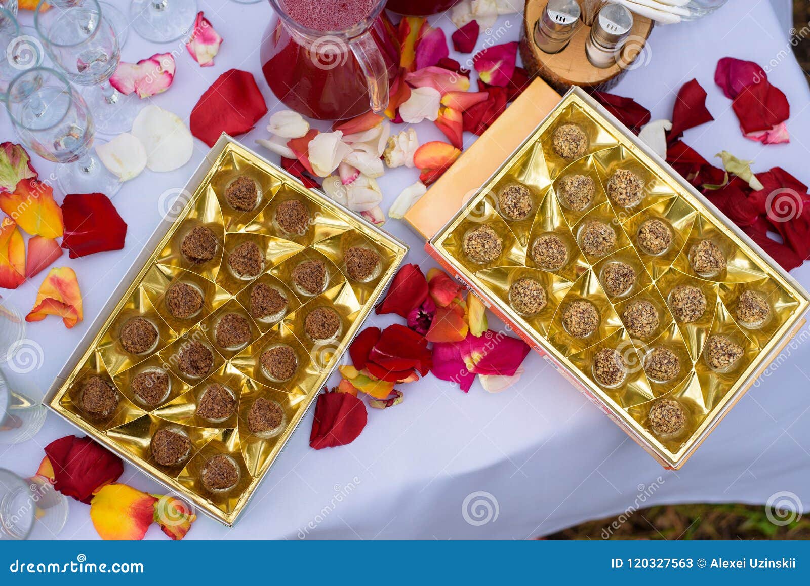 Gold Box of Assorted Chocolates and Rose Stock Image - Image of fabric ...