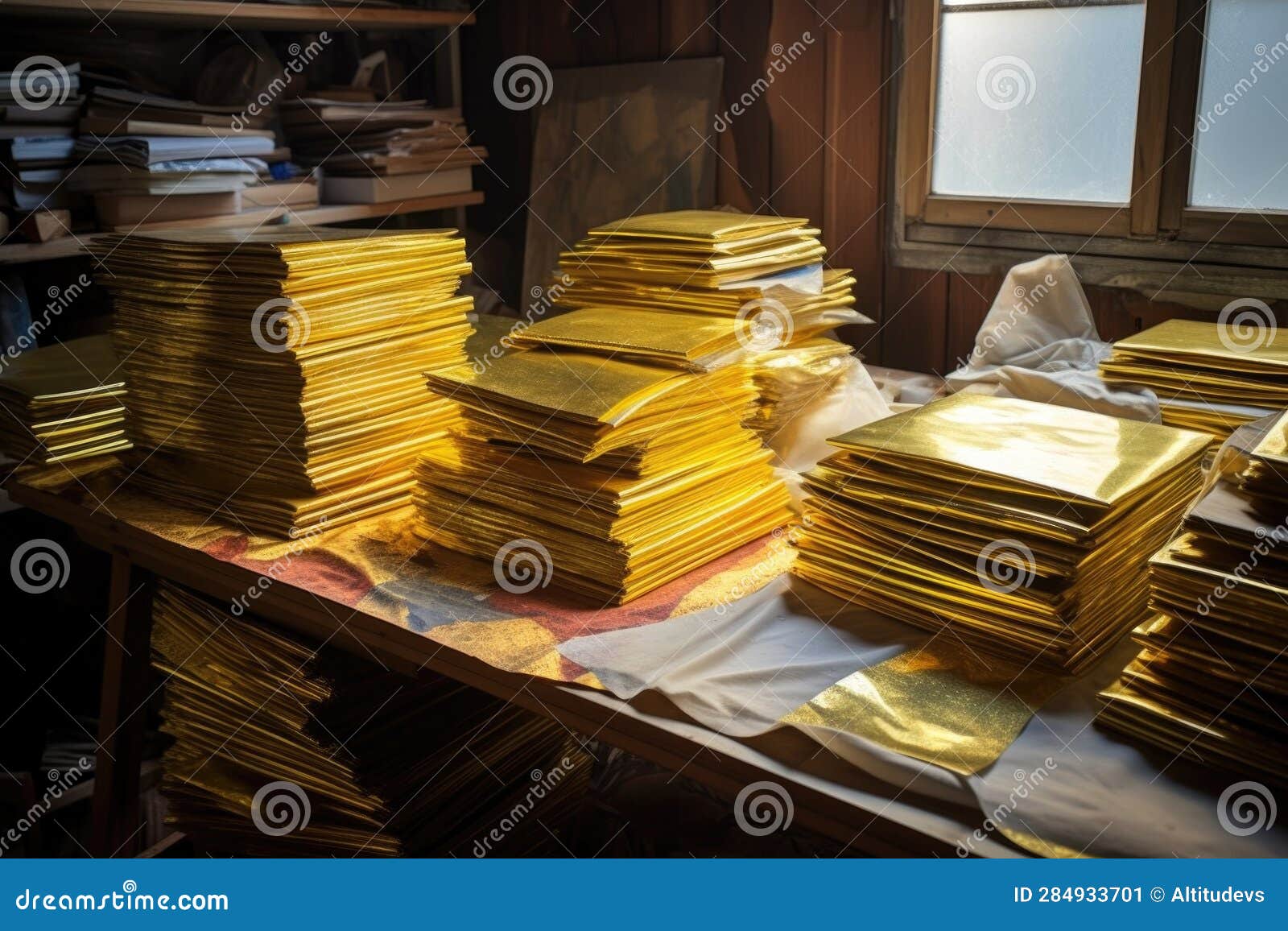 Gold Foil Sheets Stacked in Workshop Stock Image - Image of workshop ...