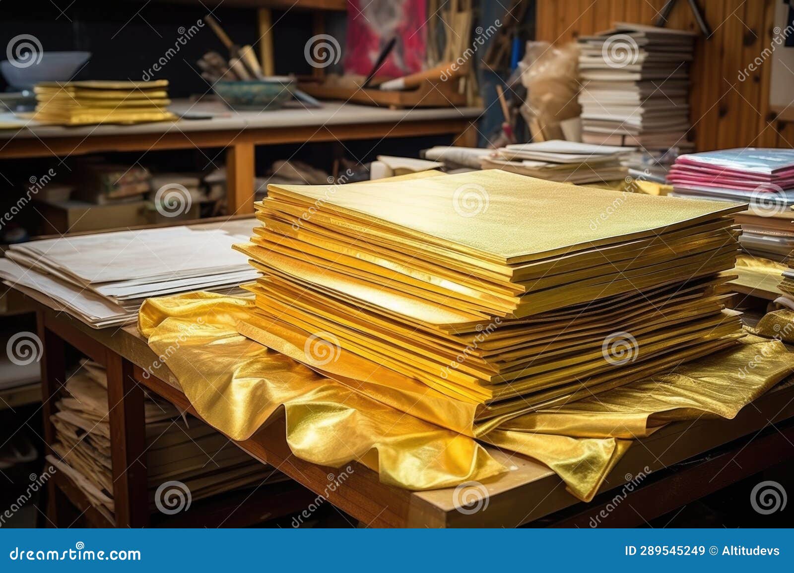 Gold Foil Sheets Stacked in Workshop Stock Image - Image of craft ...