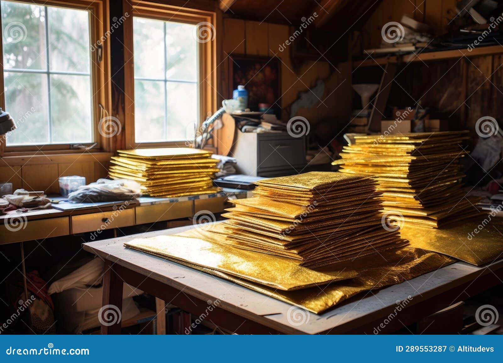 Gold Foil Sheets Stacked in Workshop Stock Image - Image of texture ...