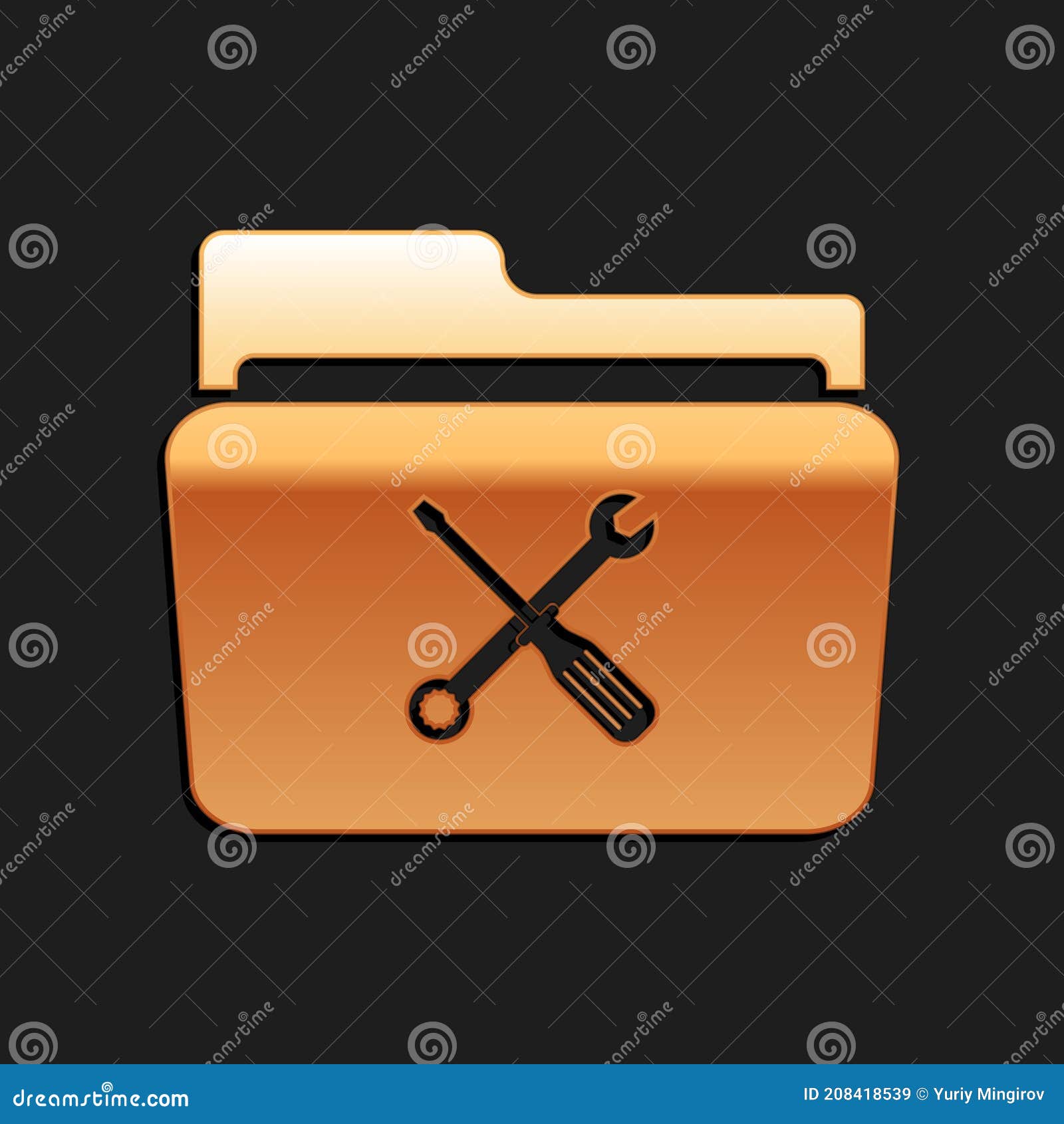 Gold Folder and Tools or Settings Icon Isolated on Black Background ...