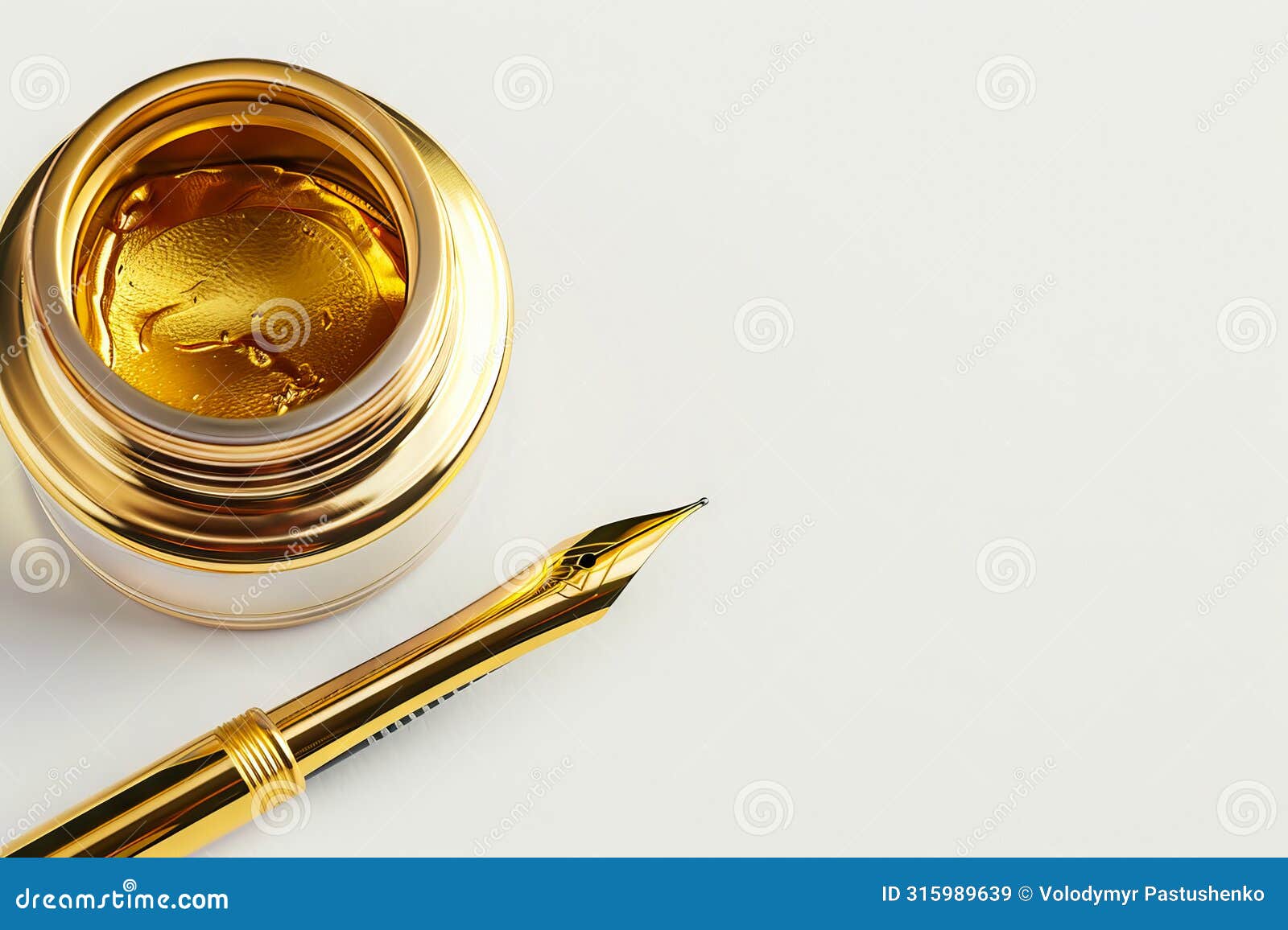 Gold Fountain Pen with a Gold Ink Bottle Stock Image - Image of ...