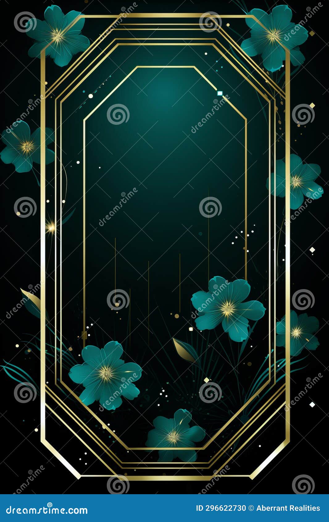 A Gold Frame with Blue Flowers on a Black Background Stock Illustration ...