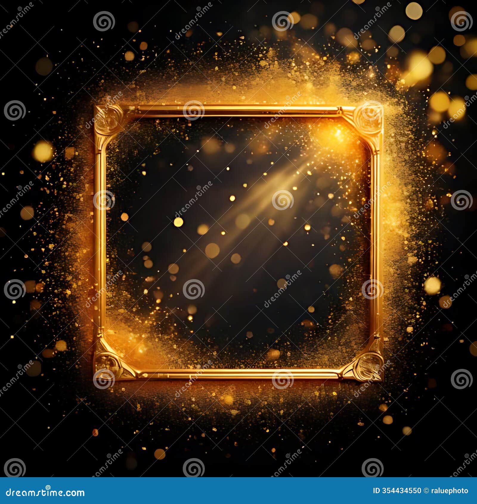 Gold Frame with Explosive Gold Particles, on a Dark Background with ...