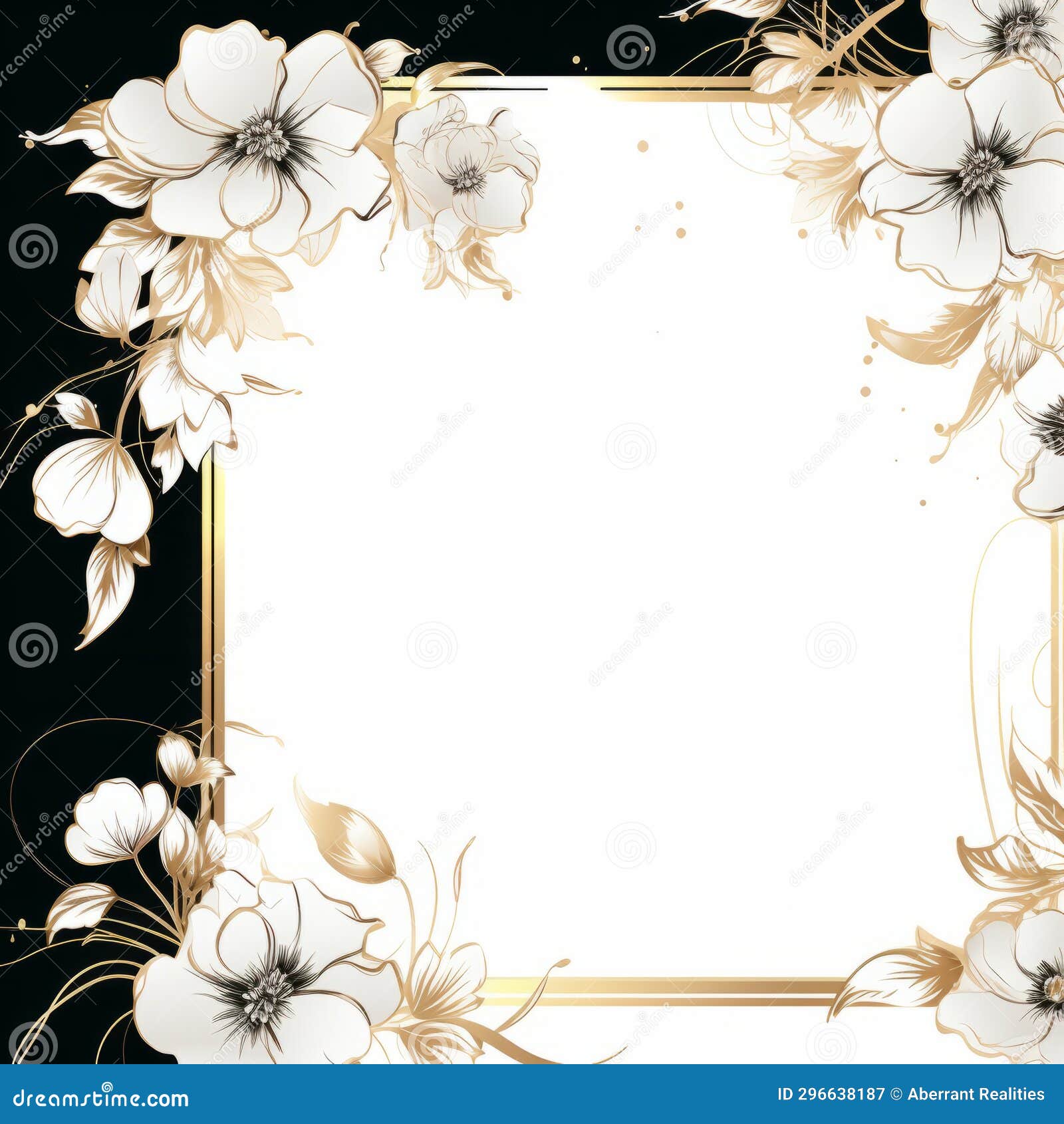 Gold Frame with Flowers and Leaves on a Black and White Background ...