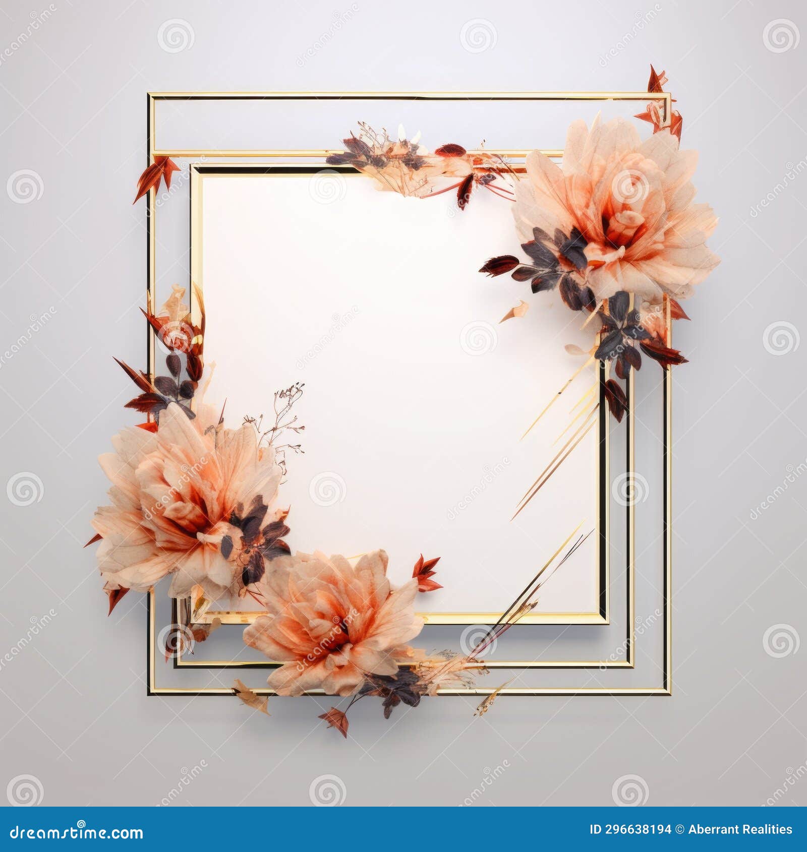 Gold Frame with Flowers and Leaves on a Gray Background Stock ...
