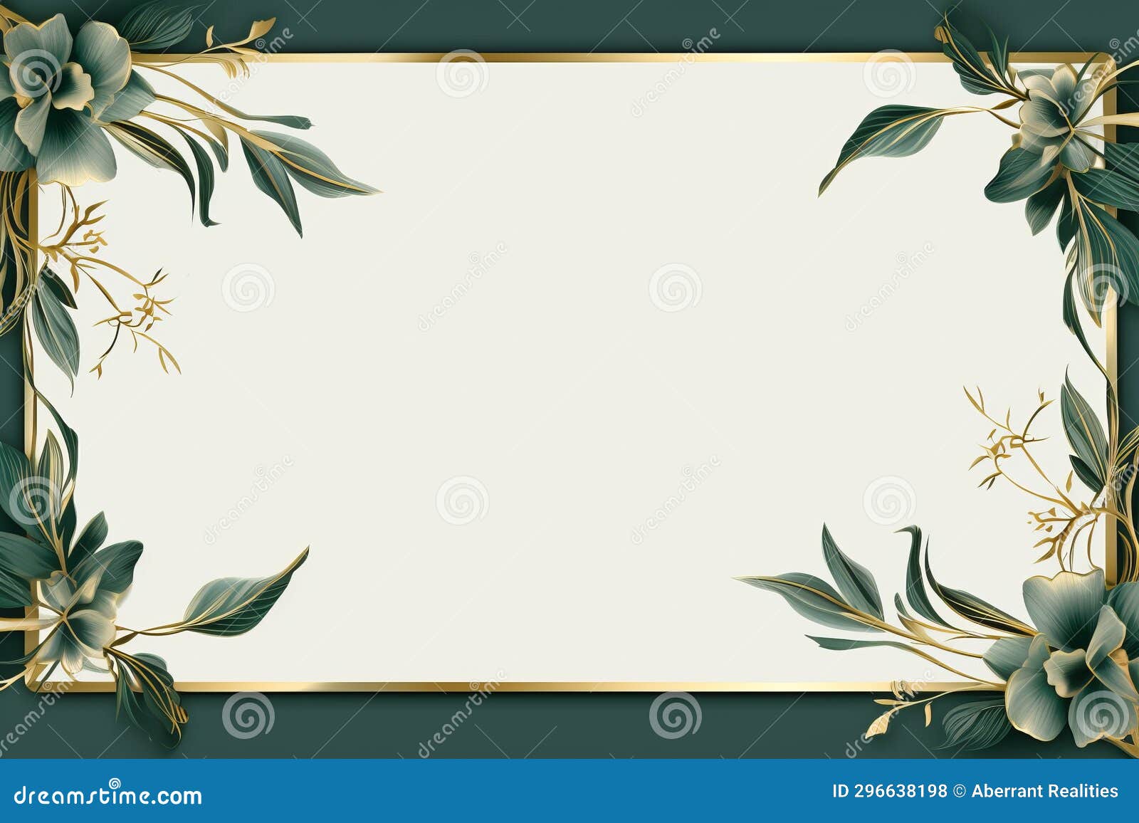 Gold Frame with Green Flowers and Leaves on a White Background Stock ...