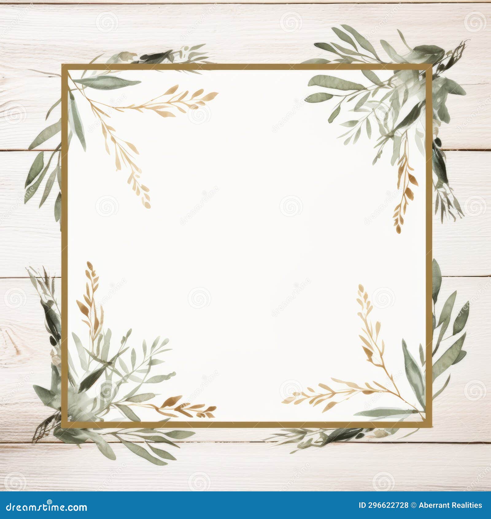 A Gold Frame with Green Leaves and Branches on a White Wooden ...