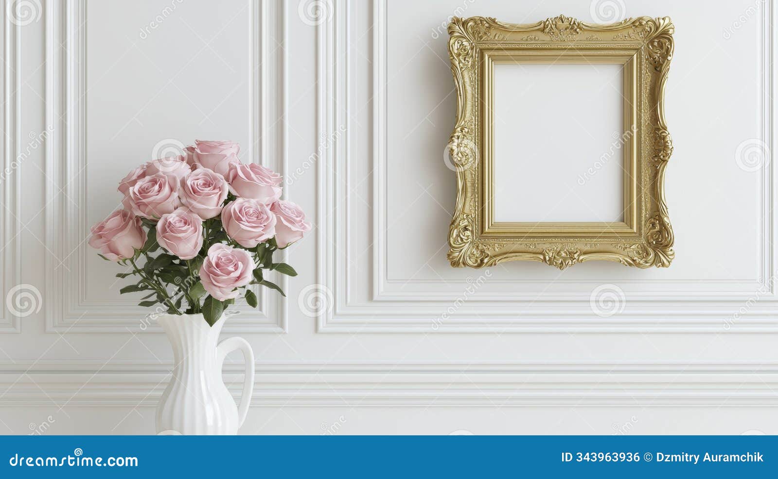 In Gold Frames on White Tables, Pink Roses Surround an Ornate Gold ...