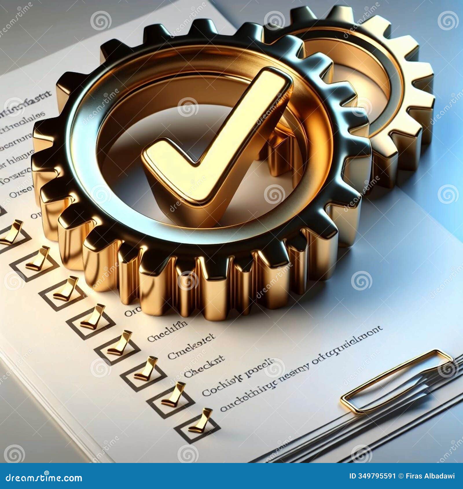 Gold Gears and a Check Mark on a Checklist, Representing Process ...