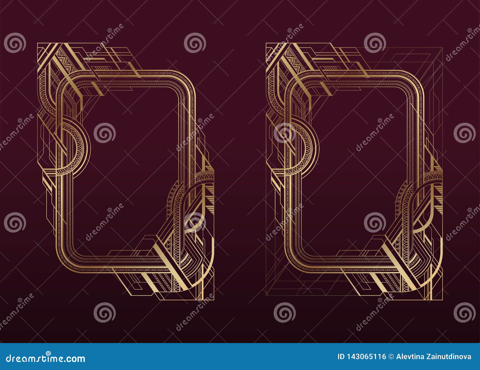 Gold Art Deco Frames Set on Dark Burgundy Background Stock Vector ...