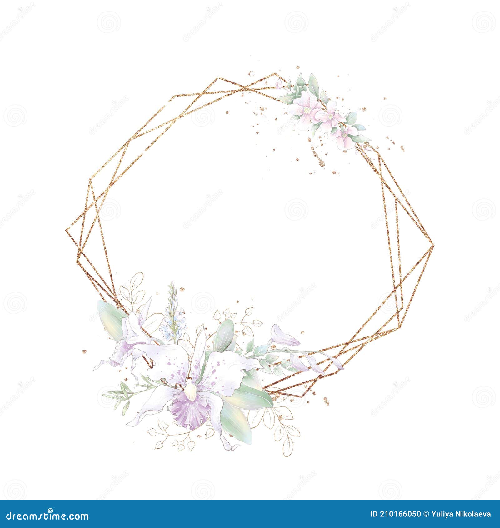Gold Geometric Frame with Orchids. Watercolor Illustration Stock ...