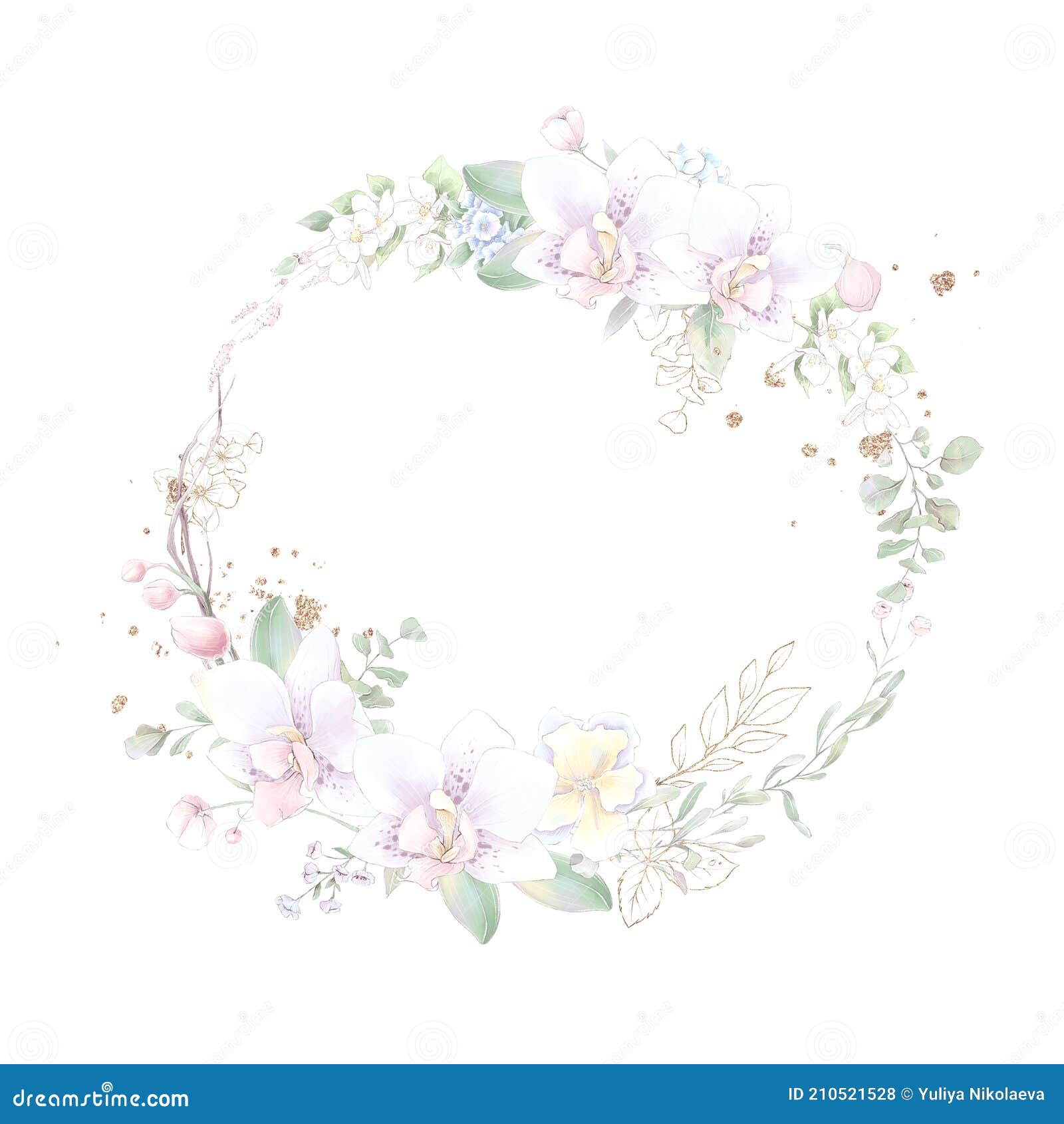 Gold Geometric Frame with Orchids. Watercolor Illustration Stock ...