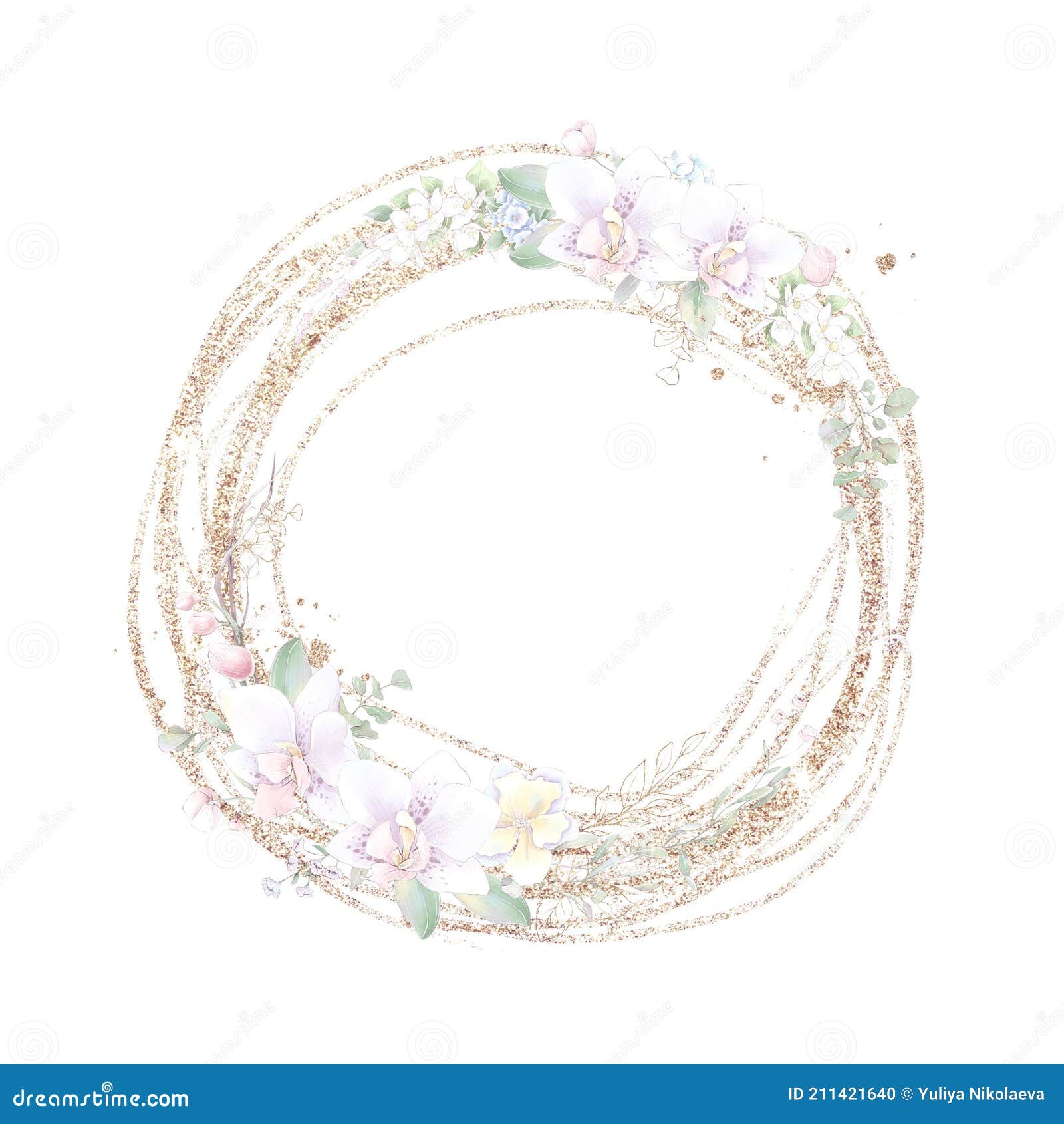 Gold Geometric Frame with Orchids. Watercolor Illustration Stock ...