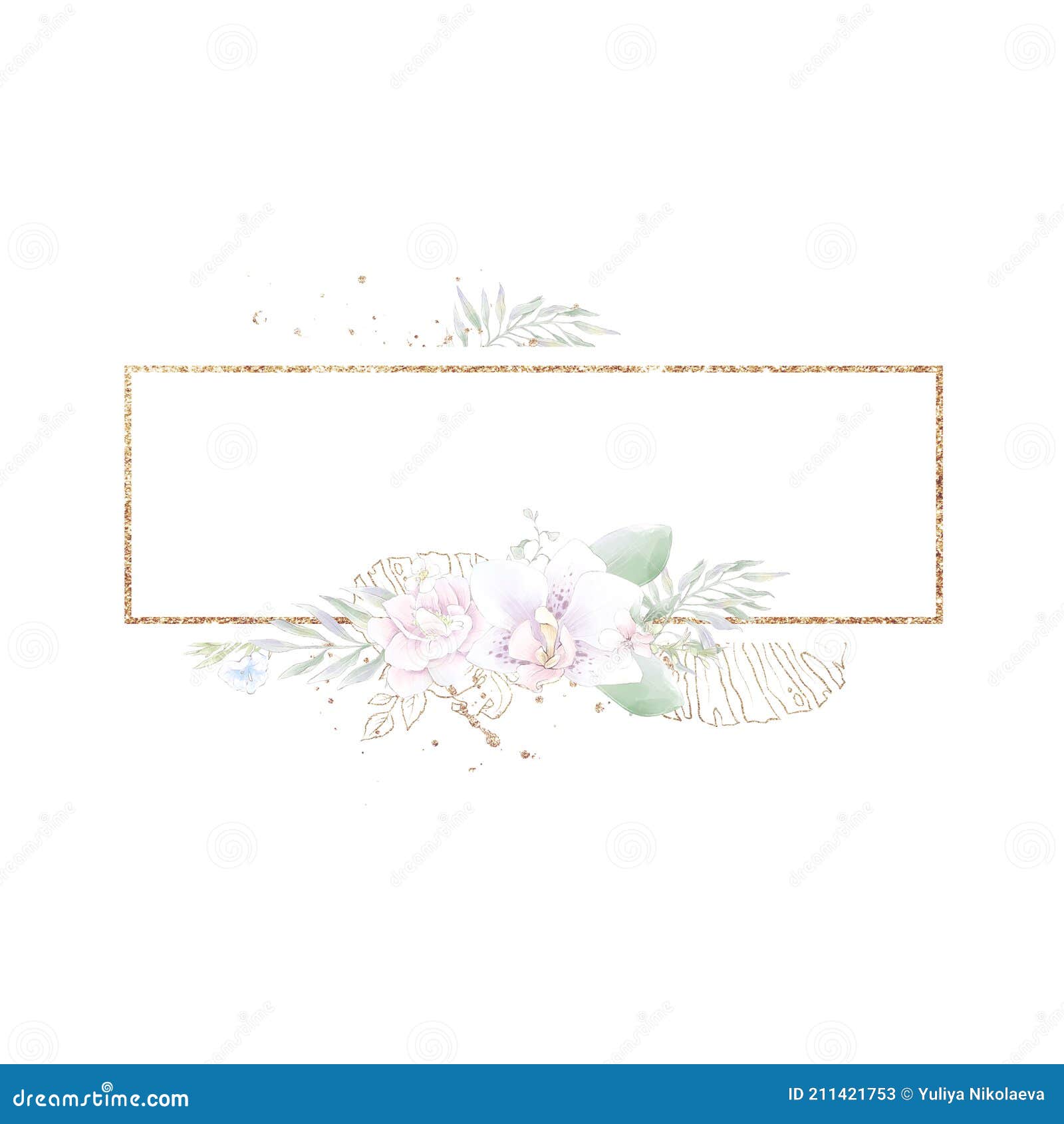 Gold Geometric Frame with Orchids. Watercolor Illustration Stock ...