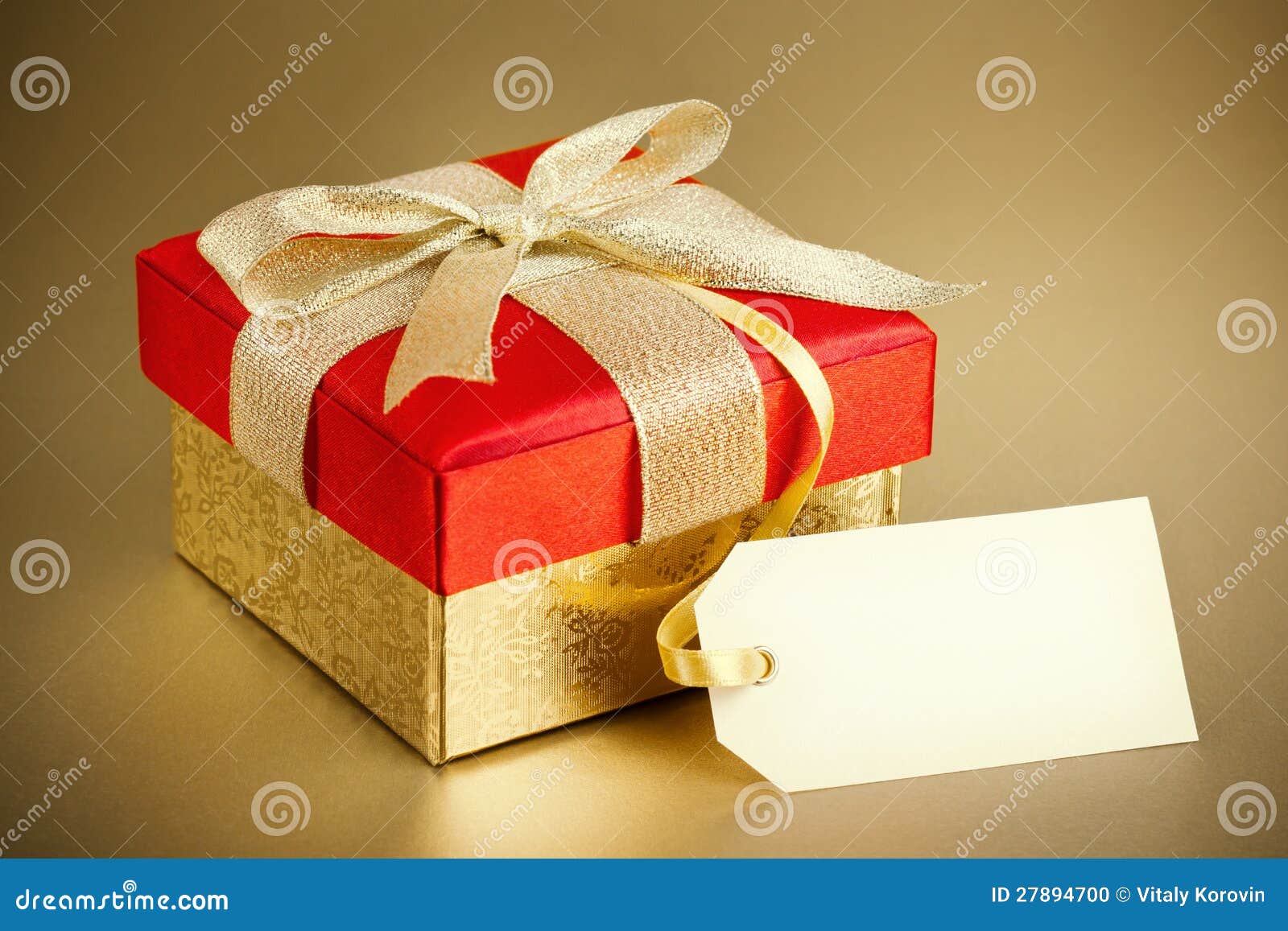 Gold Gift Box and Blank Card Stock Photo - Image of closed, decorative ...
