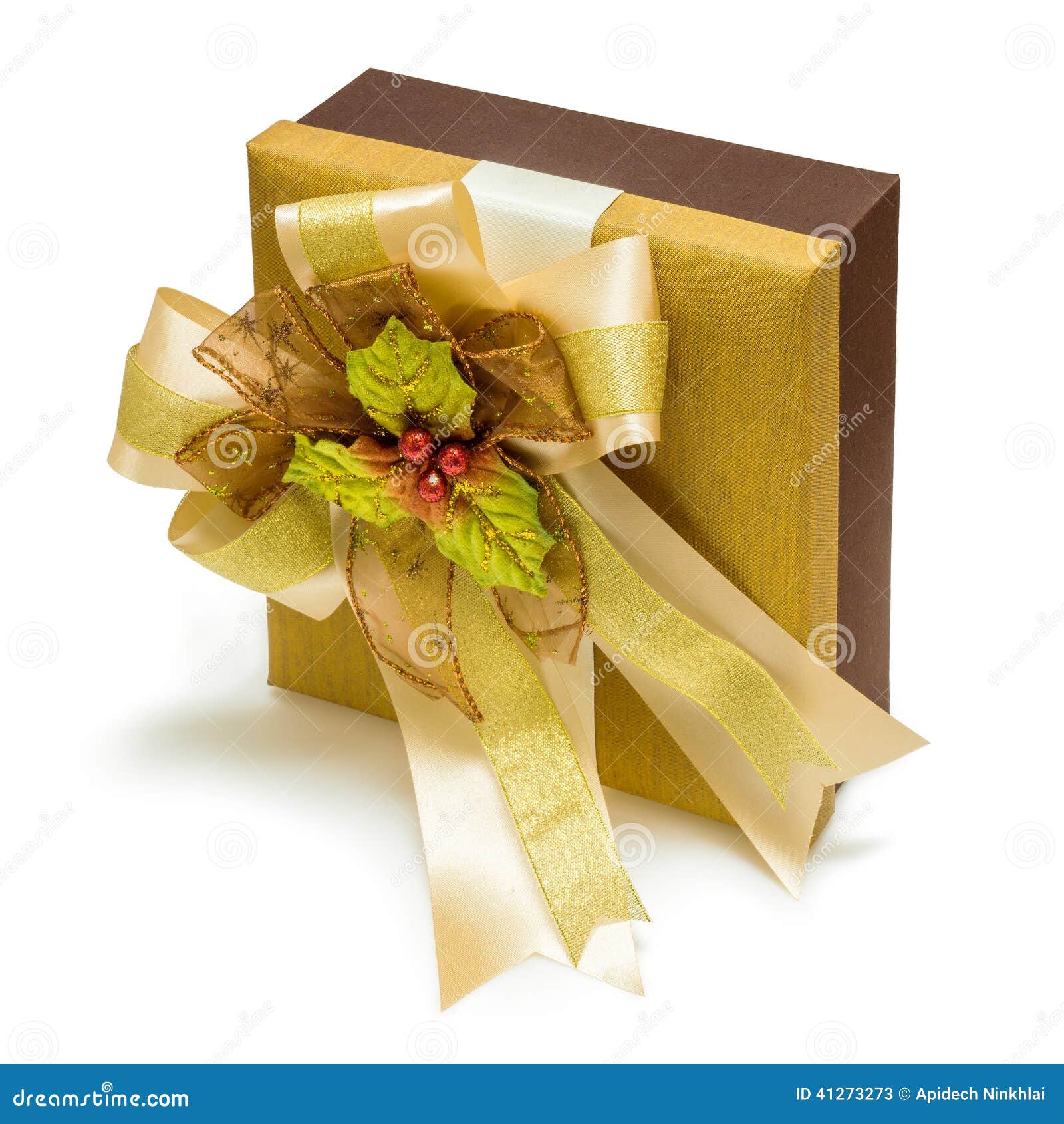 Gold gift box with ribbon stock image. Image of flora - 41273273