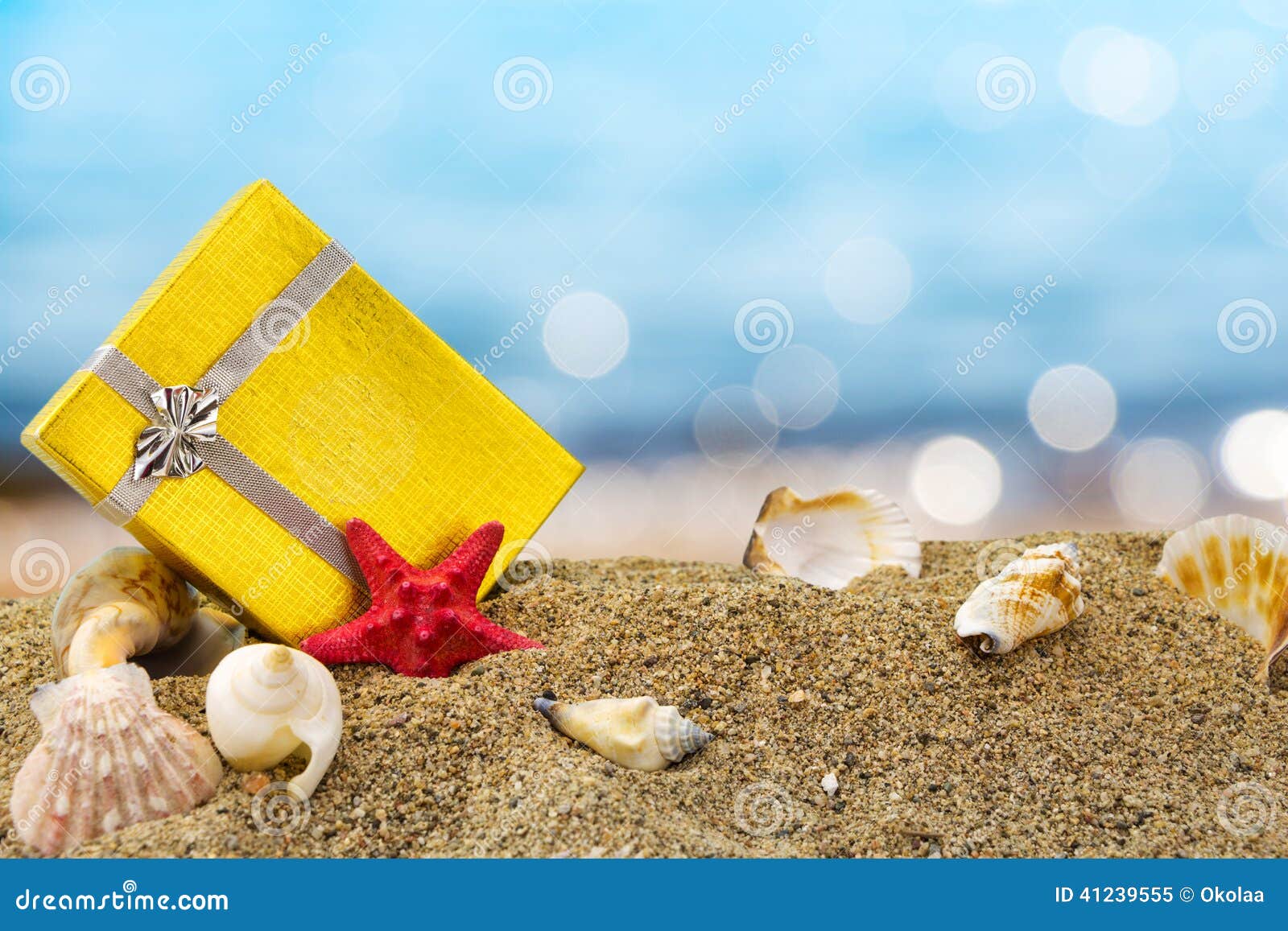 Gold Gift Box on Sand with Summer Sea Stock Image - Image of agency ...