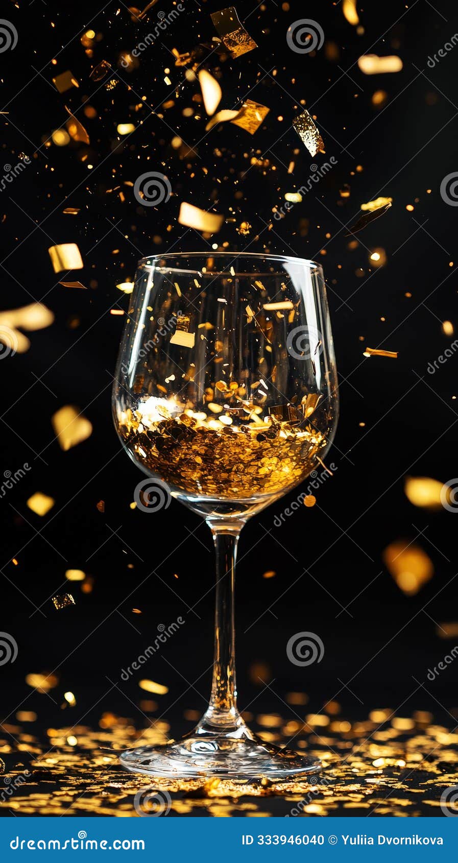 Gold Glittering Confetti Exploding from Champagne Glass on Black ...