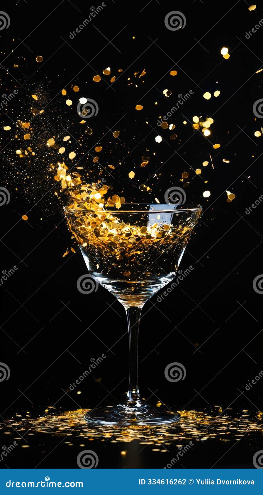 Gold Glittering Confetti Exploding from Champagne Glass on Black ...