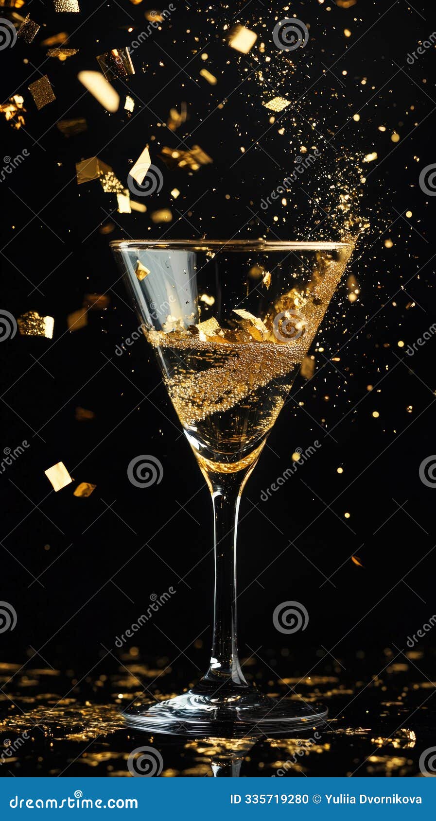 Gold Glittering Confetti Exploding from Champagne Glass on Black ...