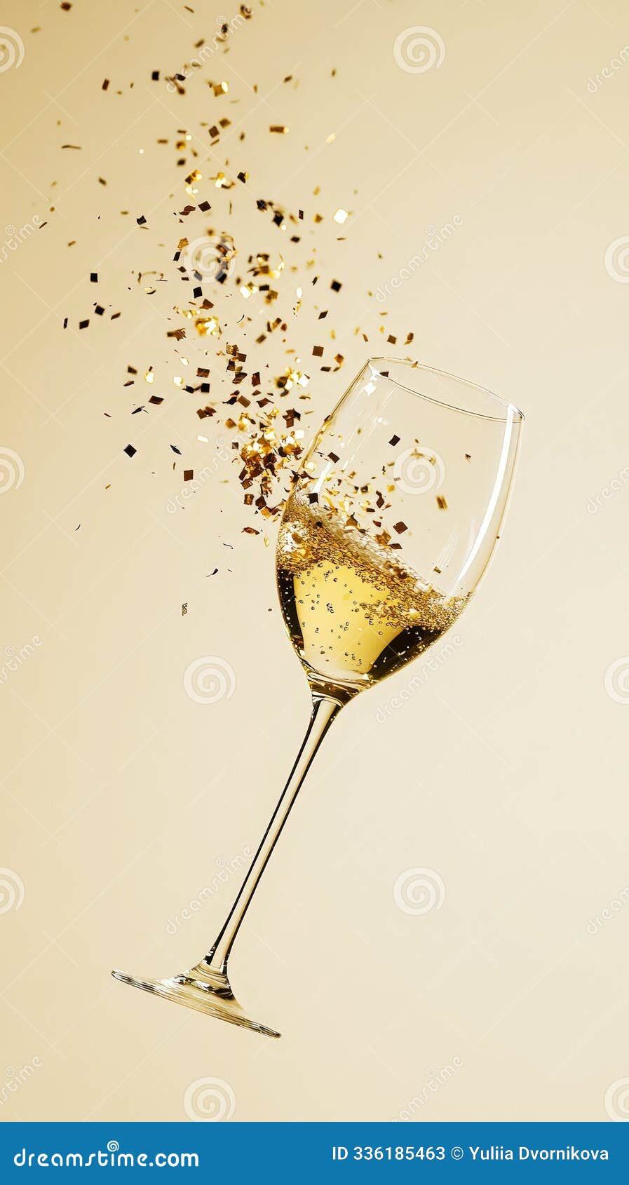 Gold Glittering Confetti Exploding from Champagne Glass on Light ...