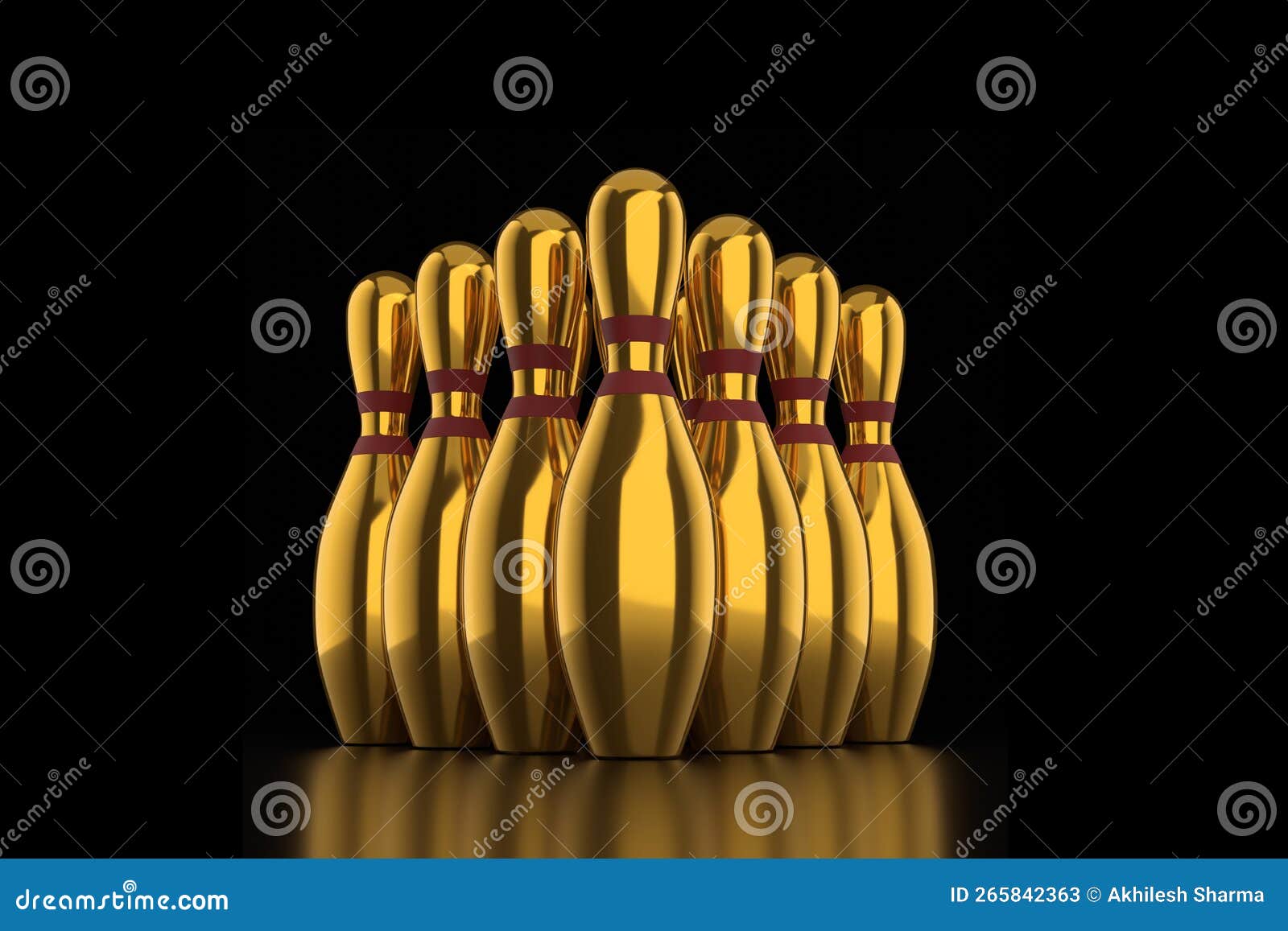 Gold Golden Bowling Pins on Black Background. 3d Illustration Render ...