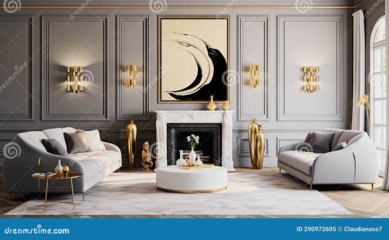 Gold Gray Modern Living Room Interior Stock Image - Image of interior ...