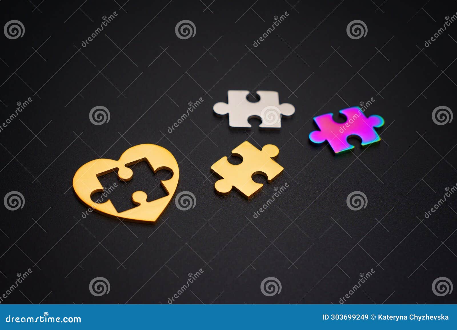 Gold Heart and Three Matching Puzzle Pieces on Black Stock Image ...
