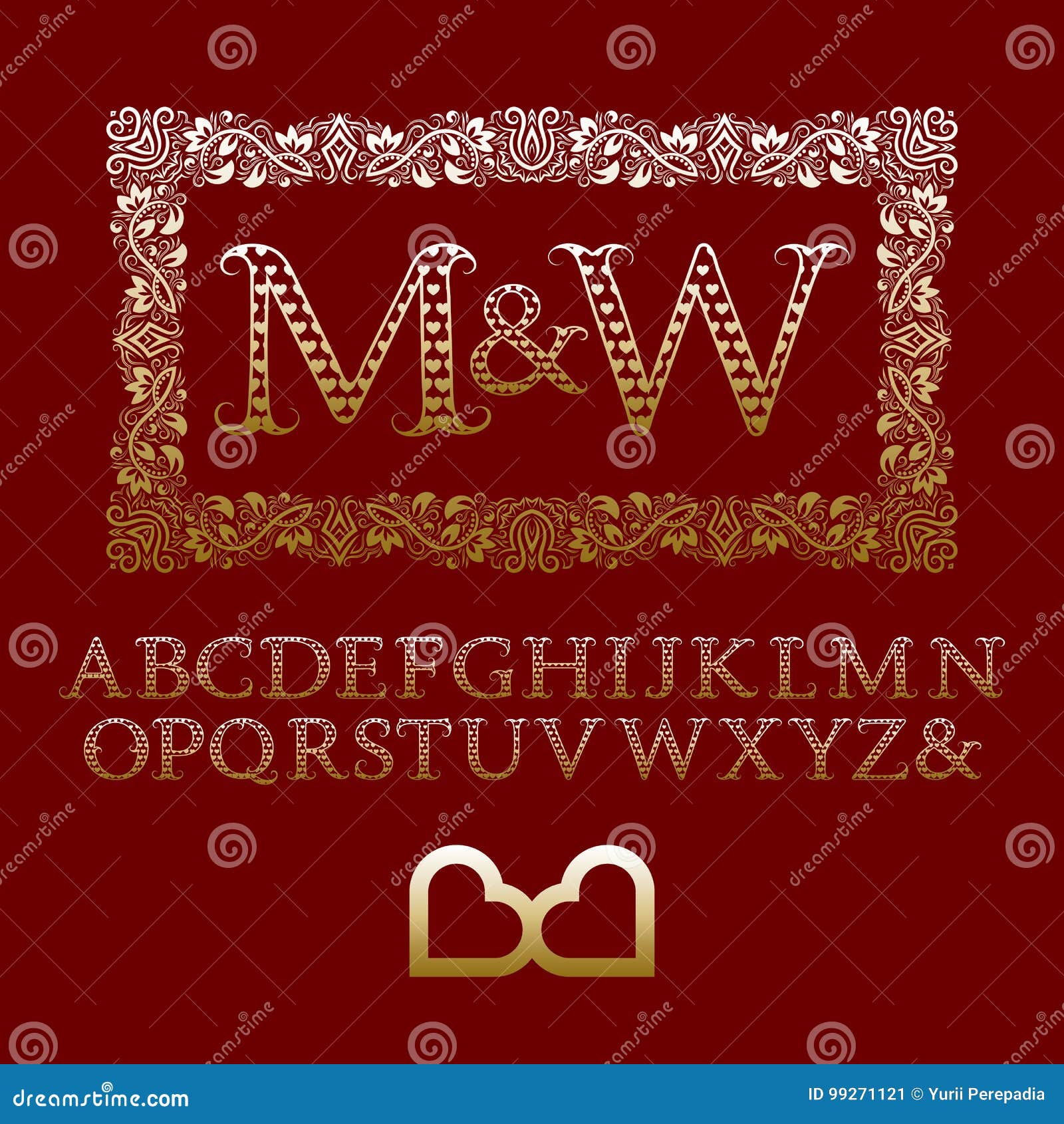 Gold Hearts Patterned Letters with Couple Initial Monogram Stock Vector ...