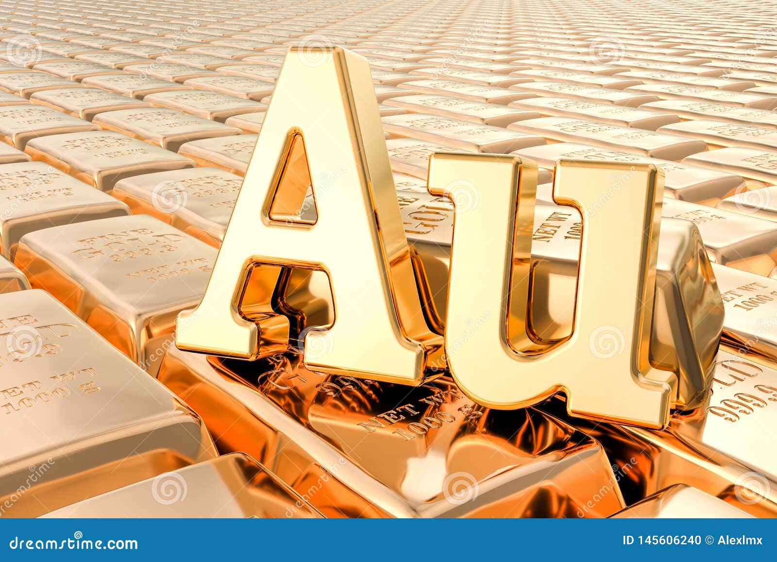 Gold Ingots Background with Au Symbol. 3D Rendering Stock Illustration ...