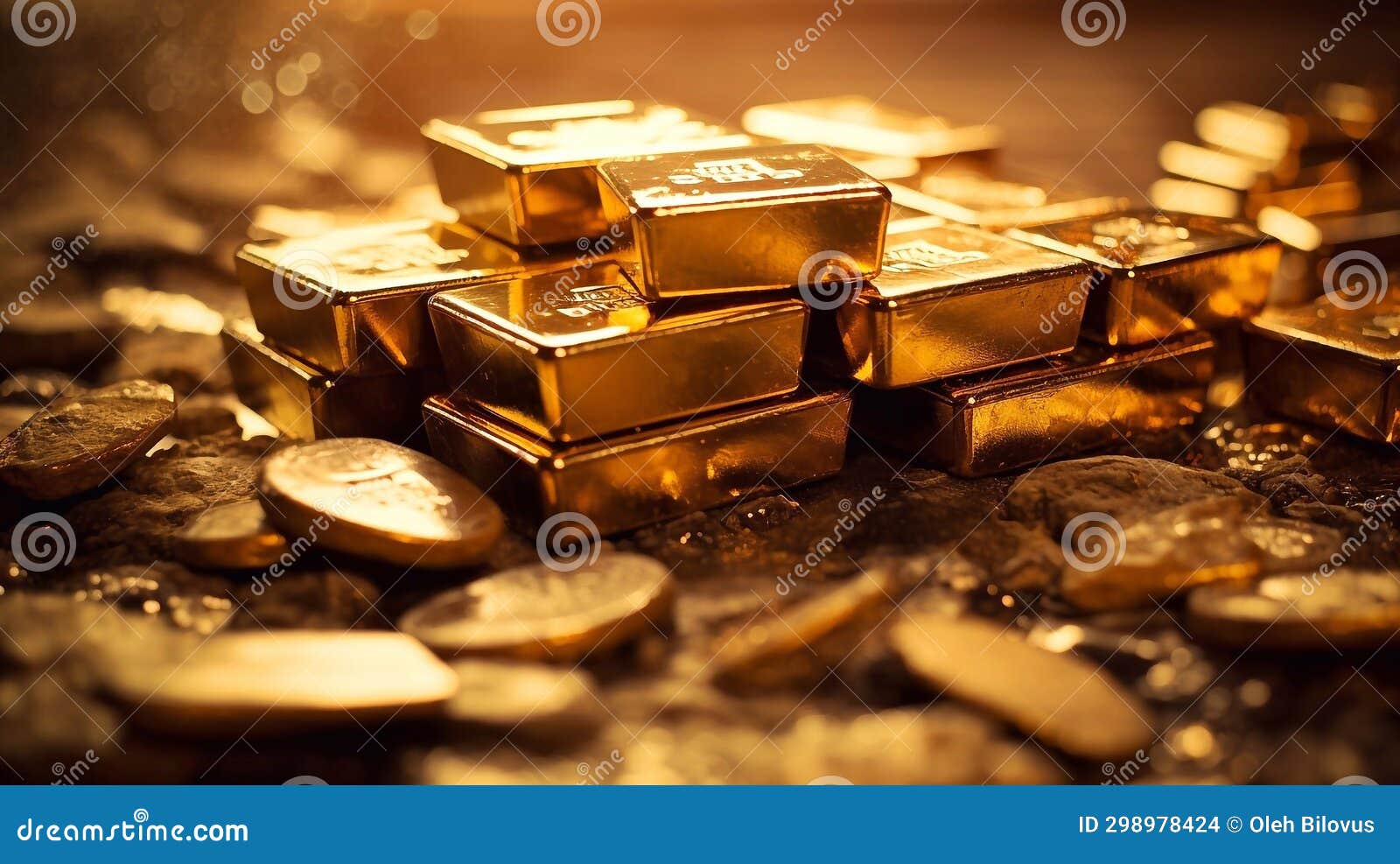 Gold Ingots and Gold Coins on Dark Background. Stock Photo - Image of ...