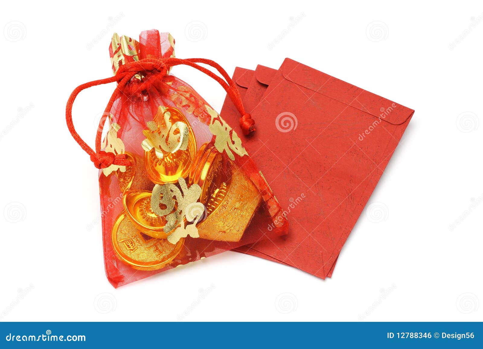 Gold Ingots and Coins in Decorative Sachet Stock Photo - Image of ...