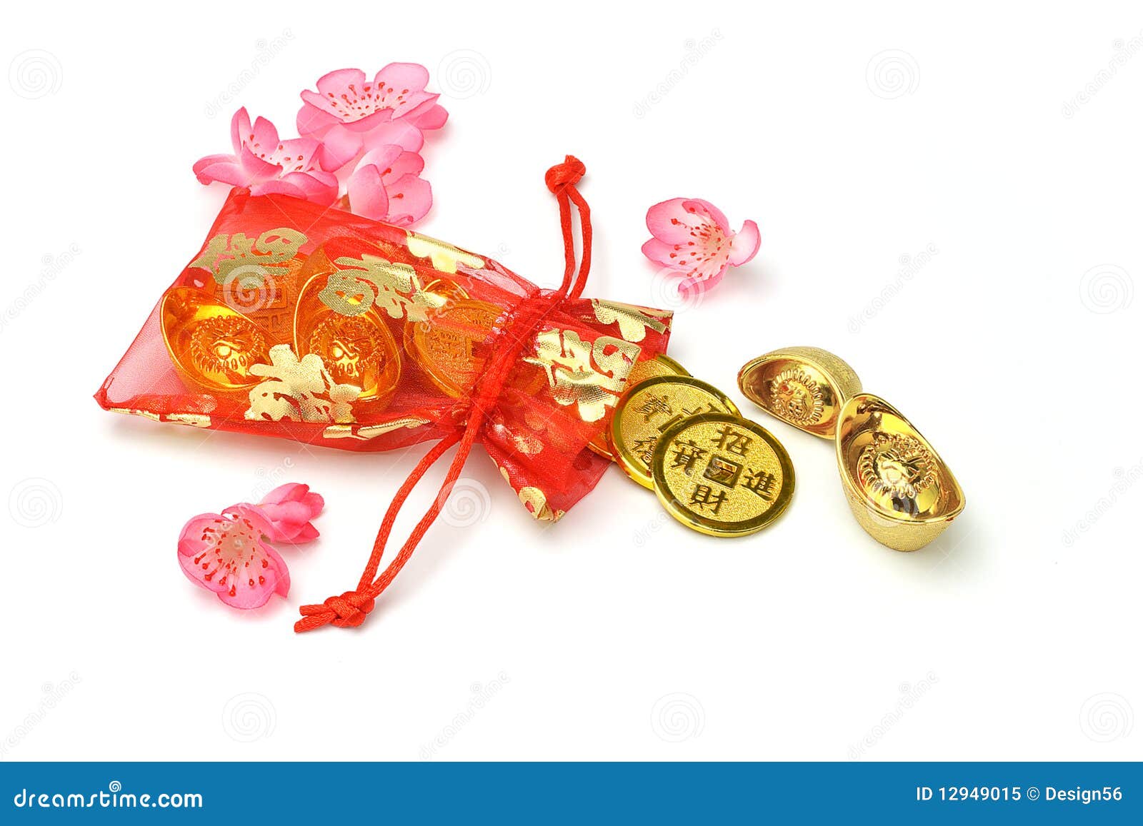 Gold Ingots and Coins in Red Sachet Stock Image - Image of small ...