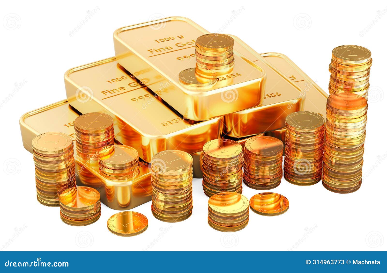 Gold Ingots and Golden Coins, 3D Rendering Stock Illustration ...