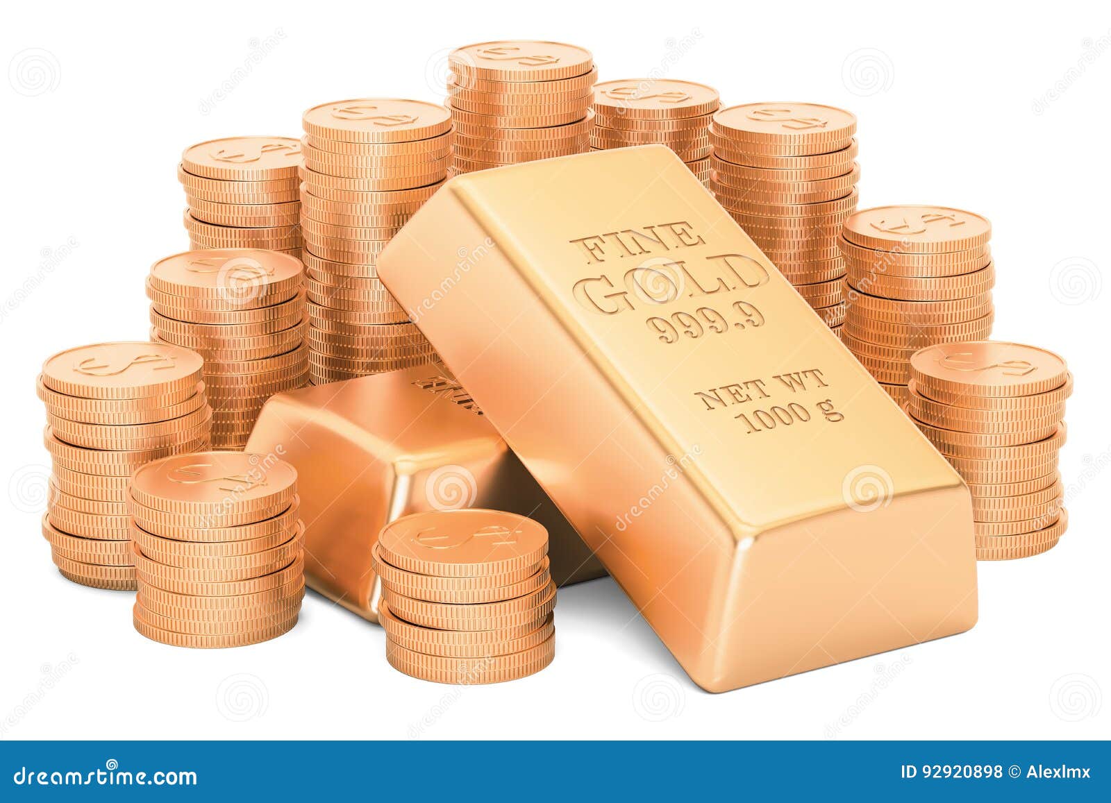 Gold Ingots and Golden Coins, 3D Rendering Stock Illustration ...