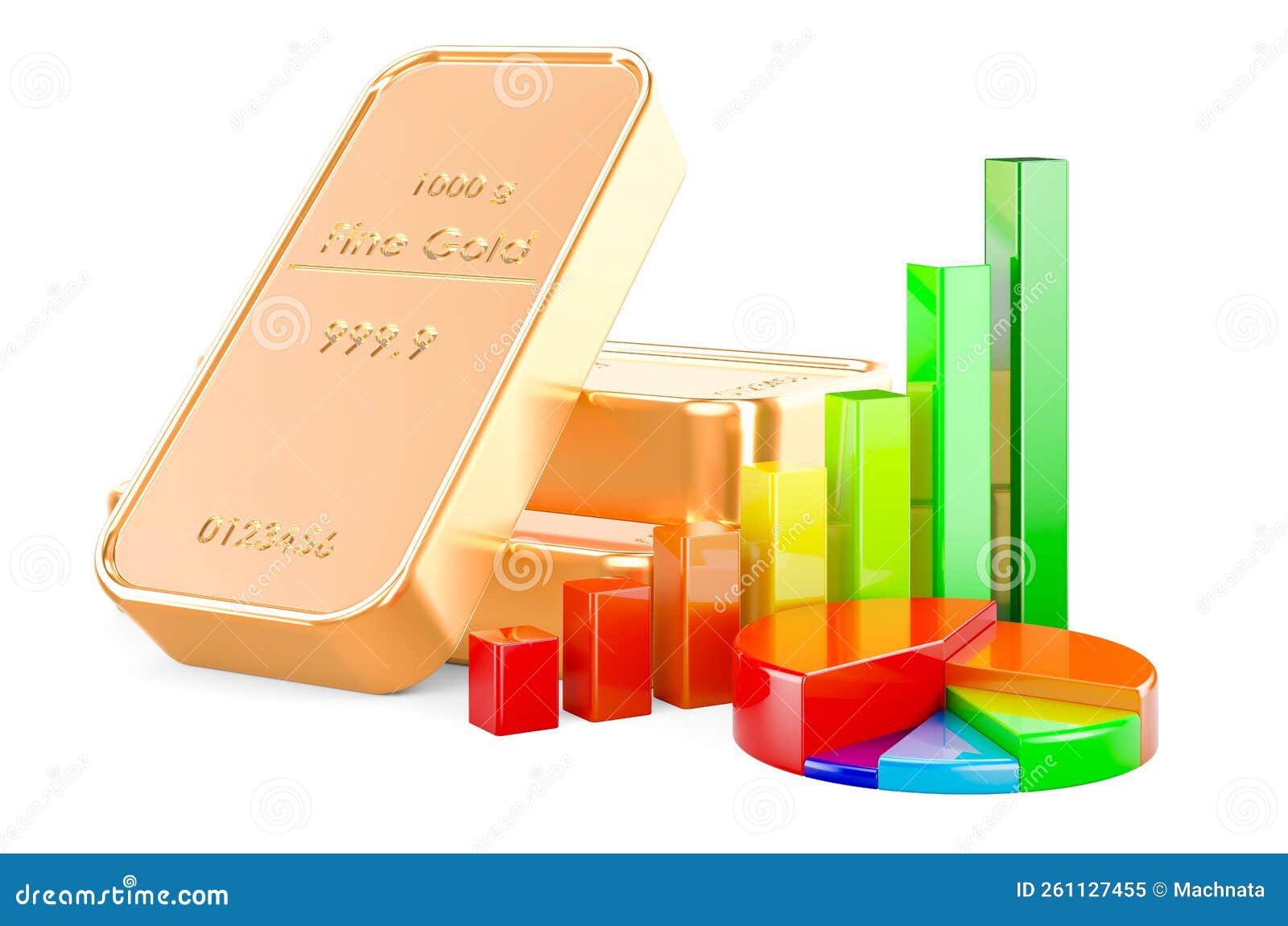 Gold Ingots with Growth Bar Graph and Pie Chart, 3D Rendering Stock ...