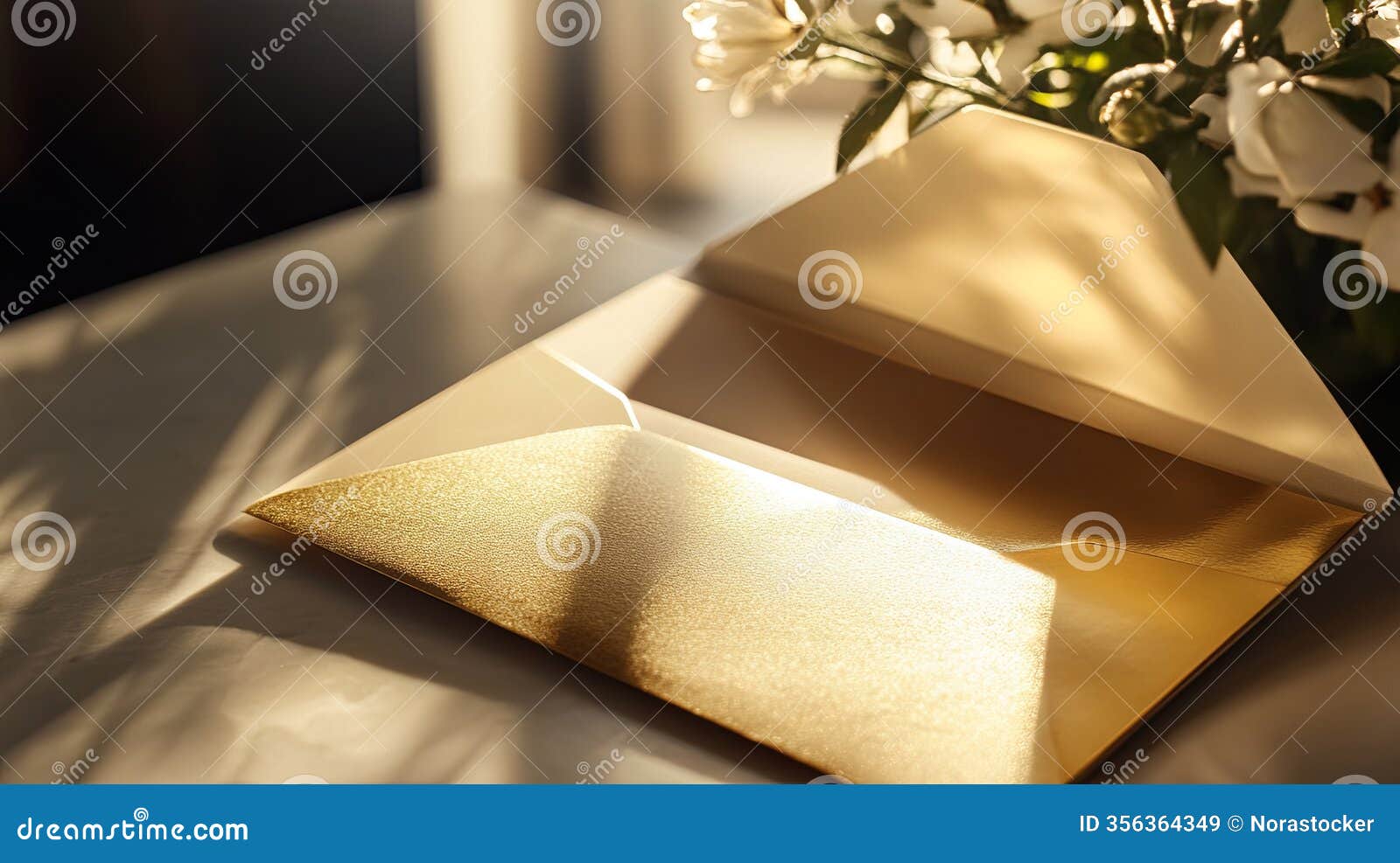 A Gold Invitation Card Partially Visible Inside A Sleek Envelope On A ...