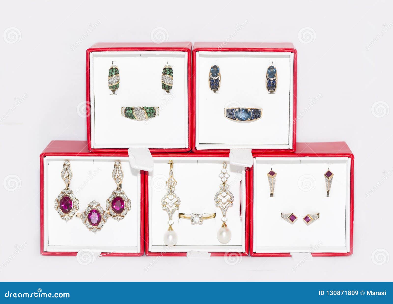 Gold Jewelry with Precious Stones in Boxes Stock Image - Image of pearl ...