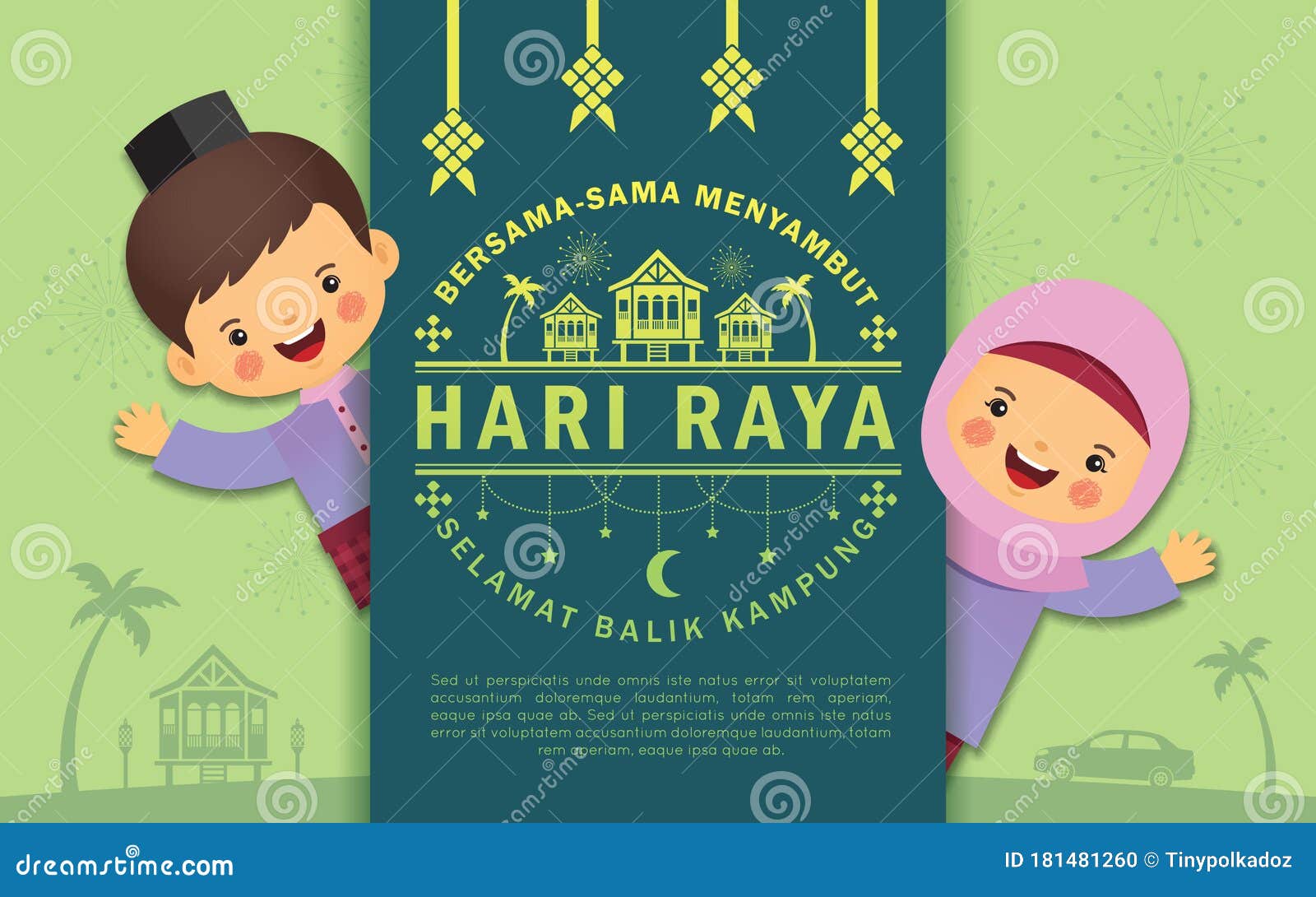 Hari Raya Aidilfitri - Muslim Boy & Girl & Malay Kampung House Vector ...