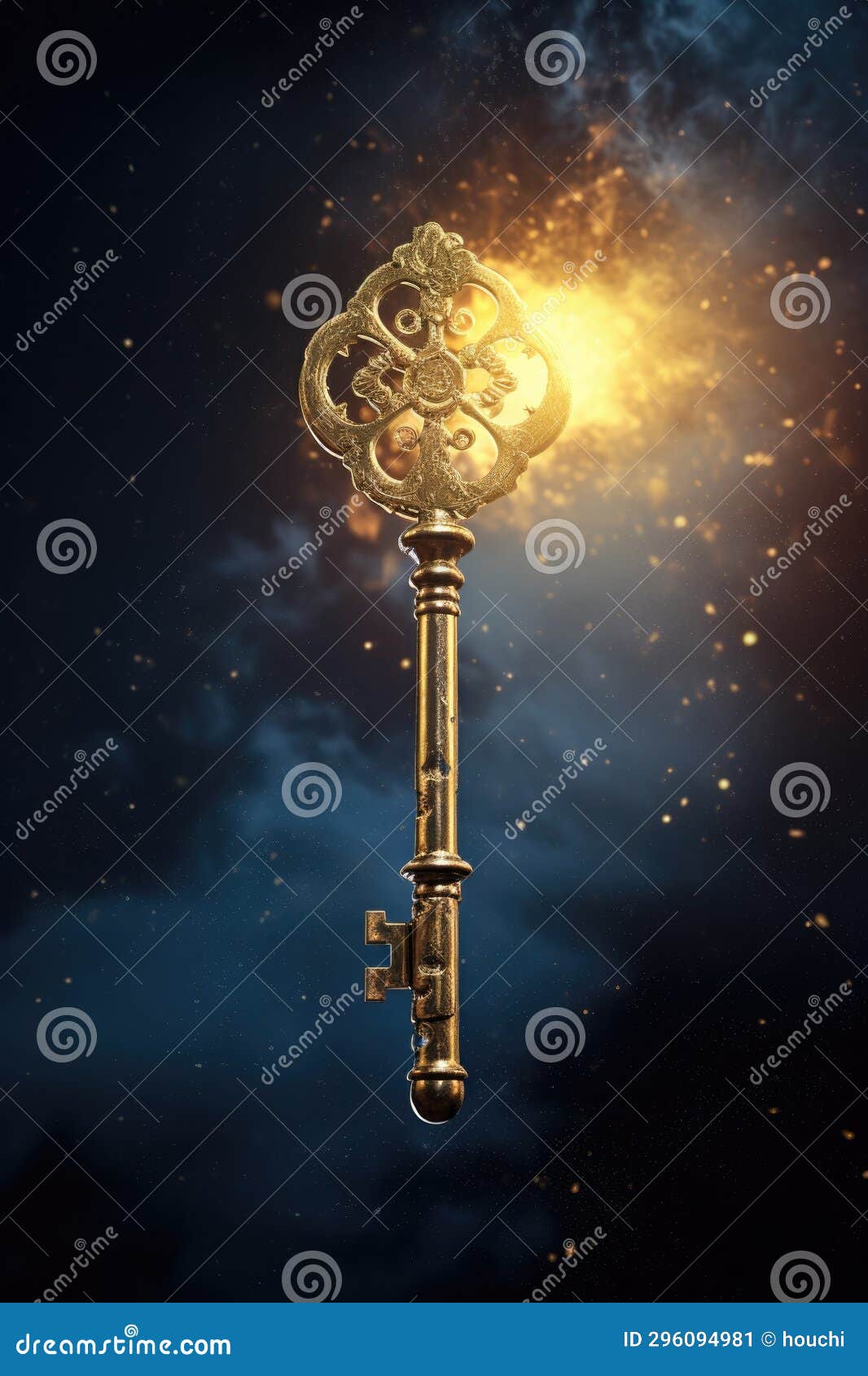 Gold Key Dissolving in Embers and Fire. Dark Blue Background. Stock ...