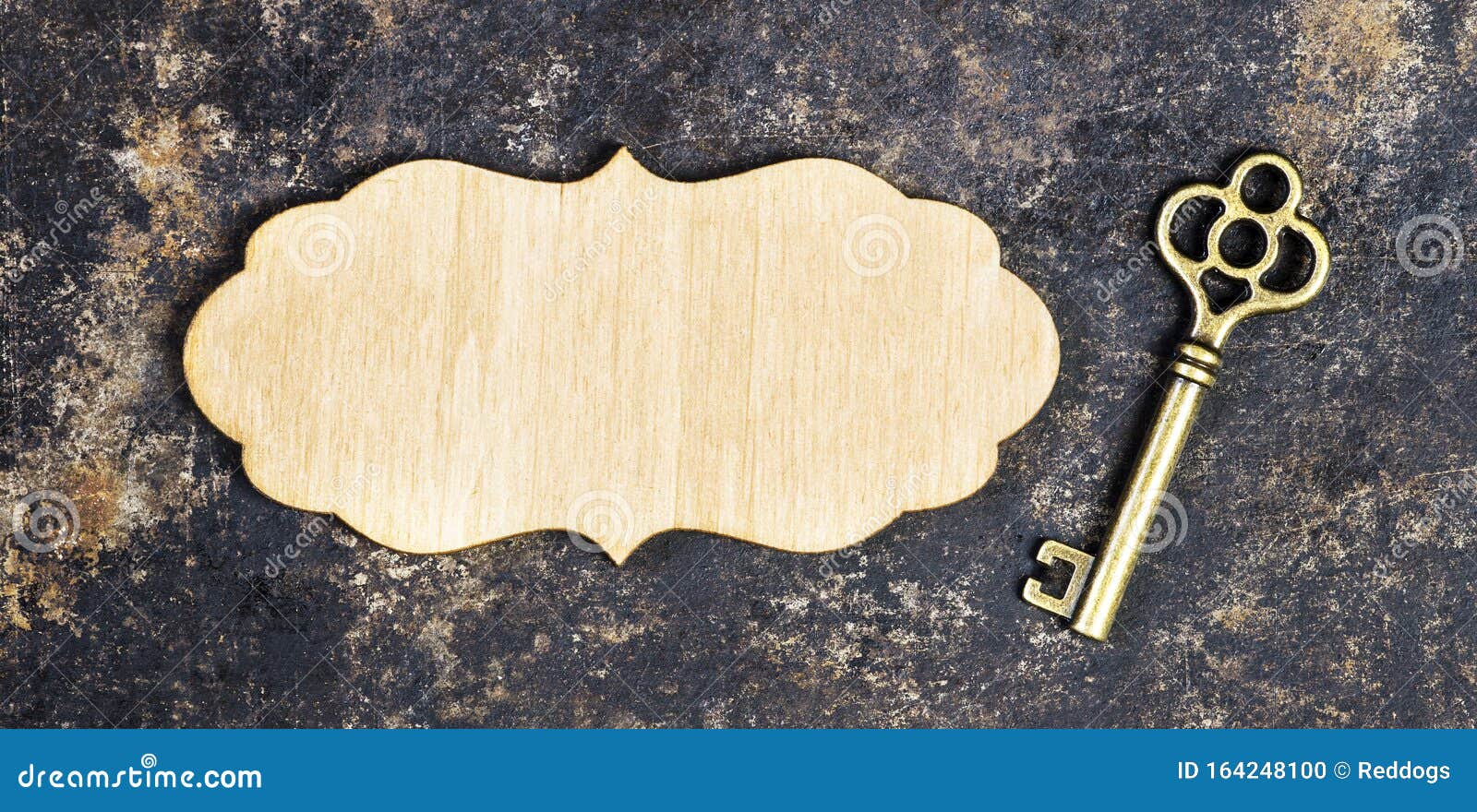 Gold Key with Empty Blank Label on Grunge Background, Web Banner Stock ...