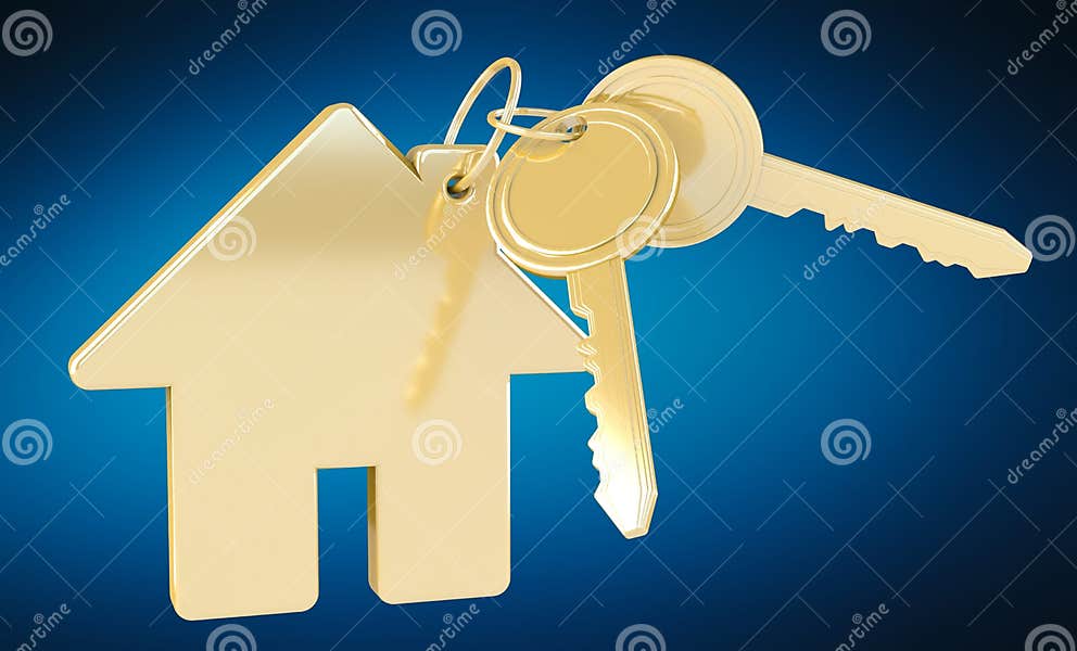 Gold Key with House Keyring 3D Rendering Stock Illustration ...