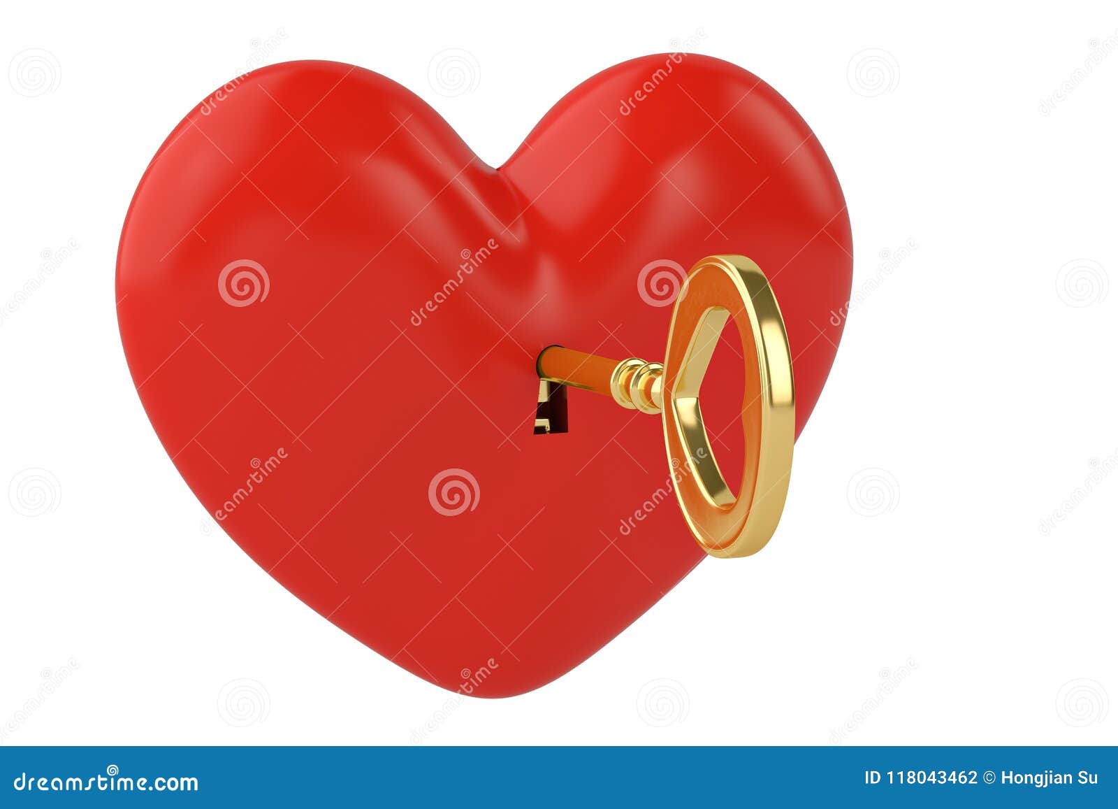 Gold Key and Red Heart on White Background.3D Illustration. Stock ...