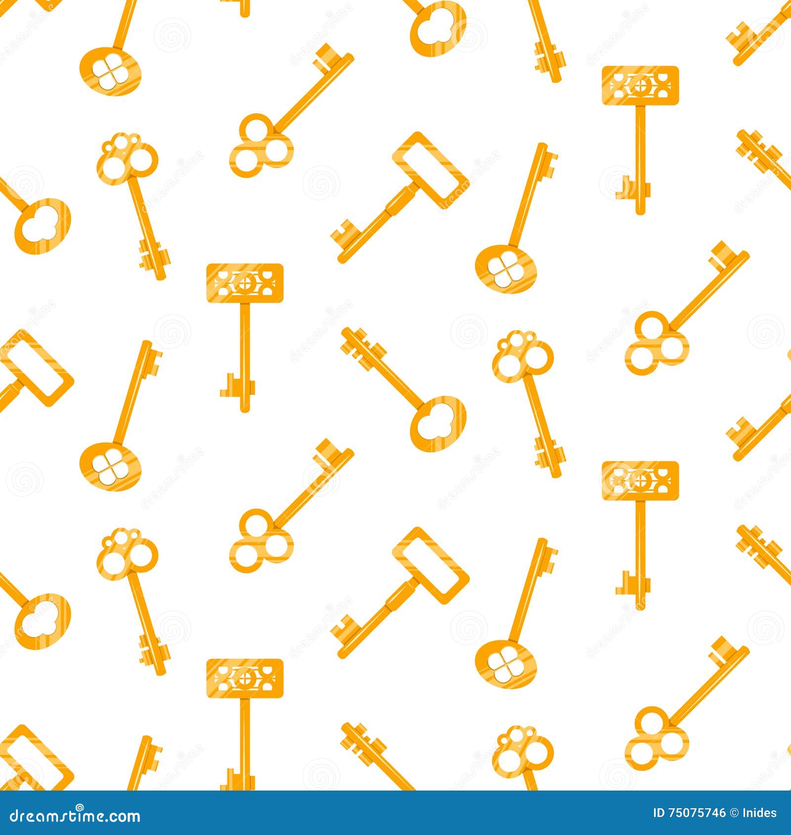 Gold Keys Seamless Vector Pattern on White. Retro Cartoon Key ...
