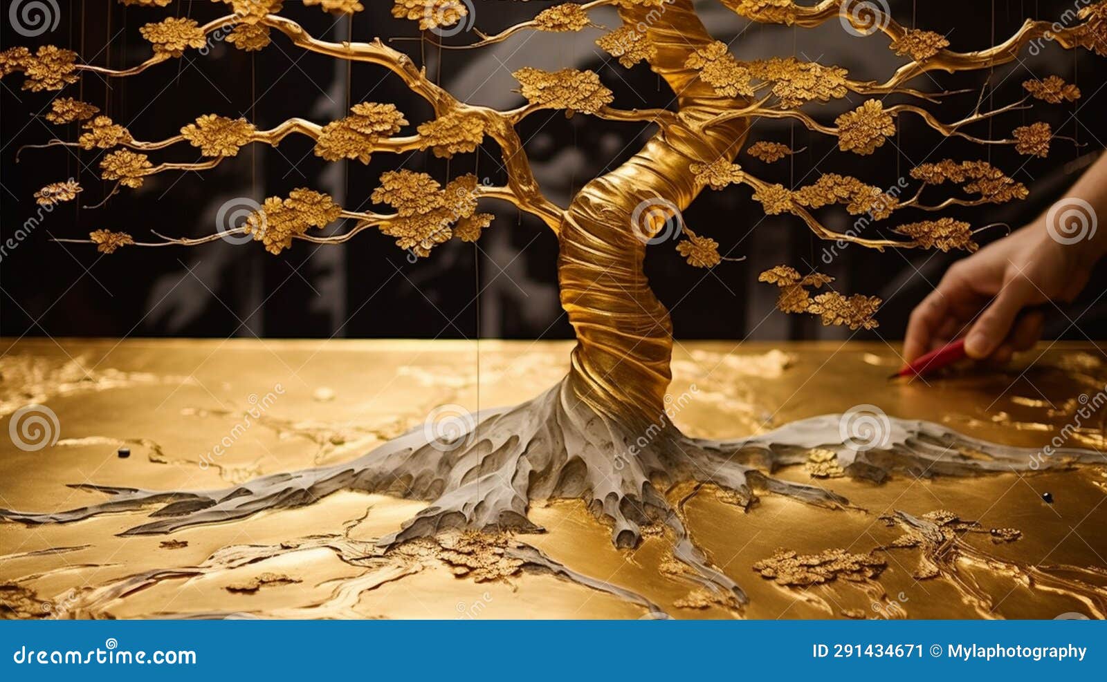 Gold Leaf Tree with Flowers Stock Illustration - Illustration of foil ...