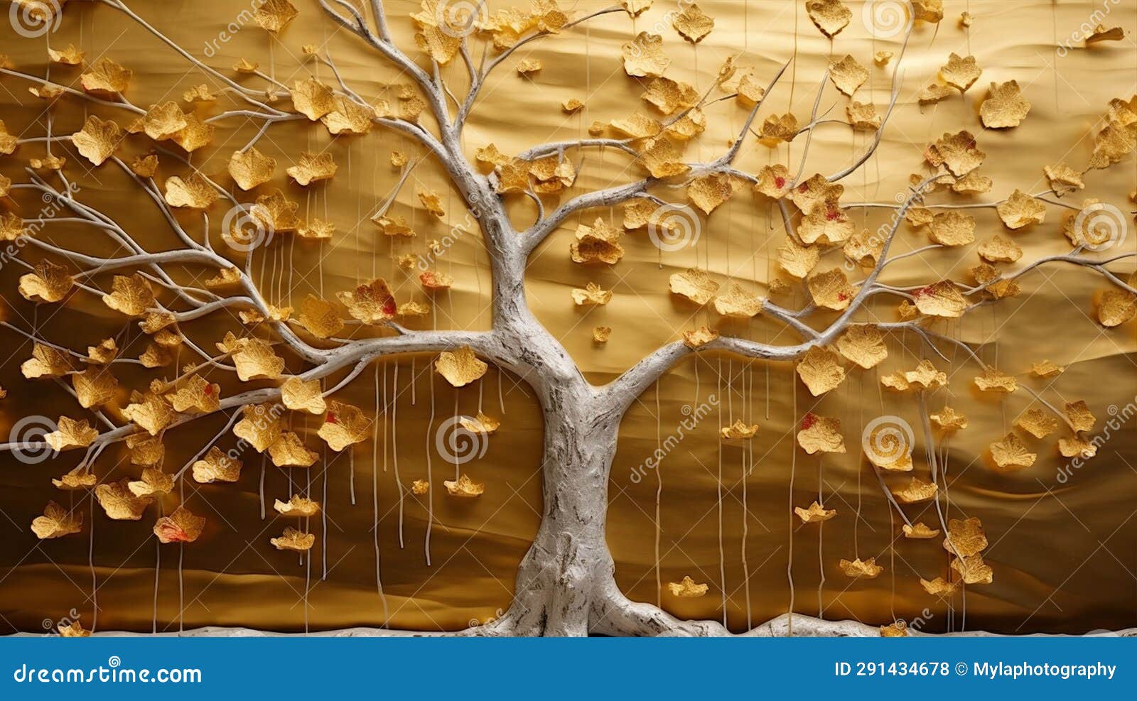 Gold Leaf Tree with Flowers Stock Illustration - Illustration of shiny ...